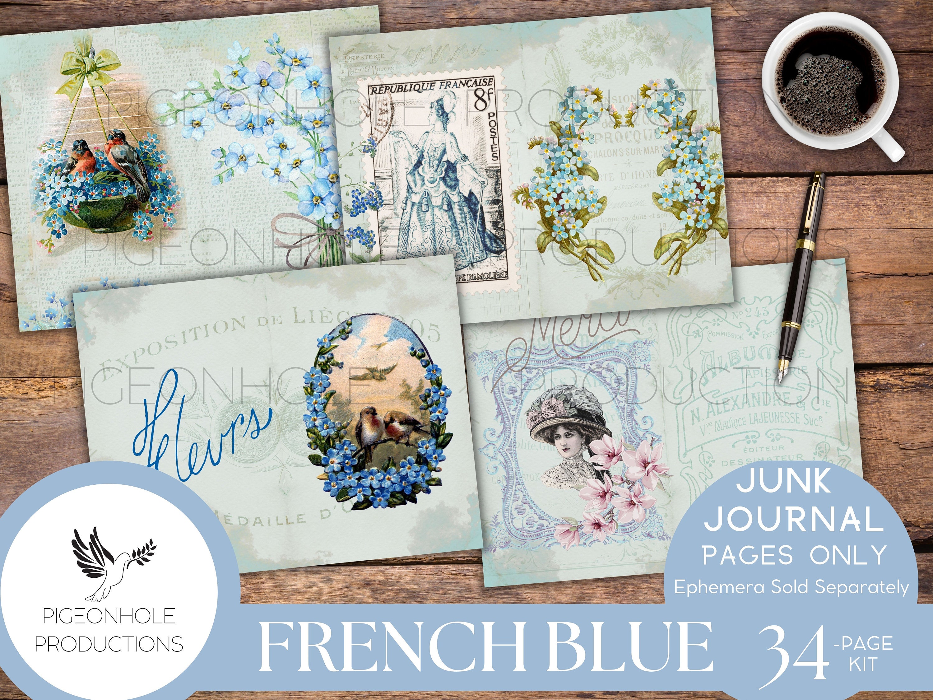 French Blue Junk Journal Pages Kit PRINTABLE 34 Sheets - Etsy