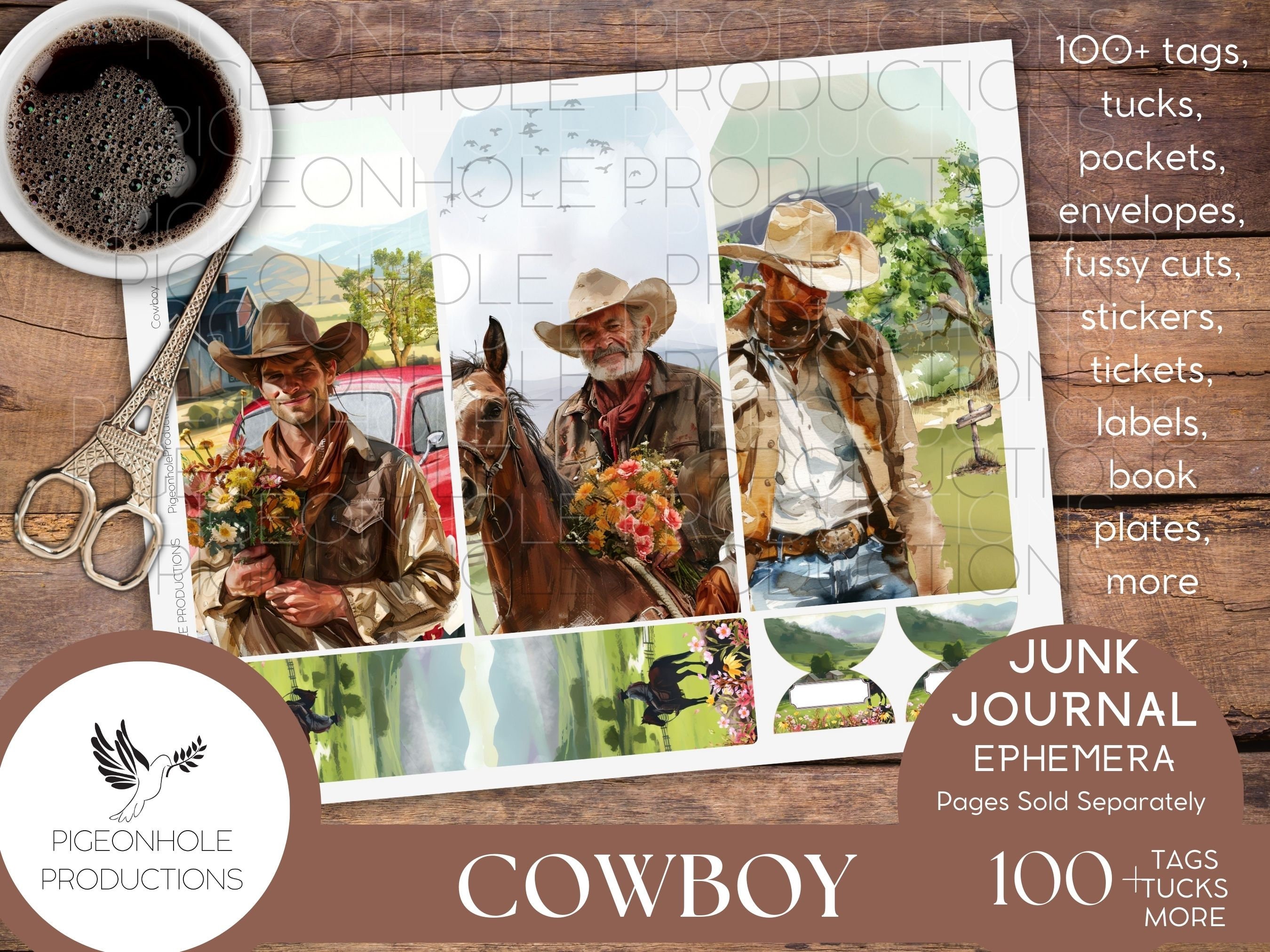 Cowboy Junk Journal EPHEMERA, PRINTABLE, 70 Tags, Tucks, Pockets ...