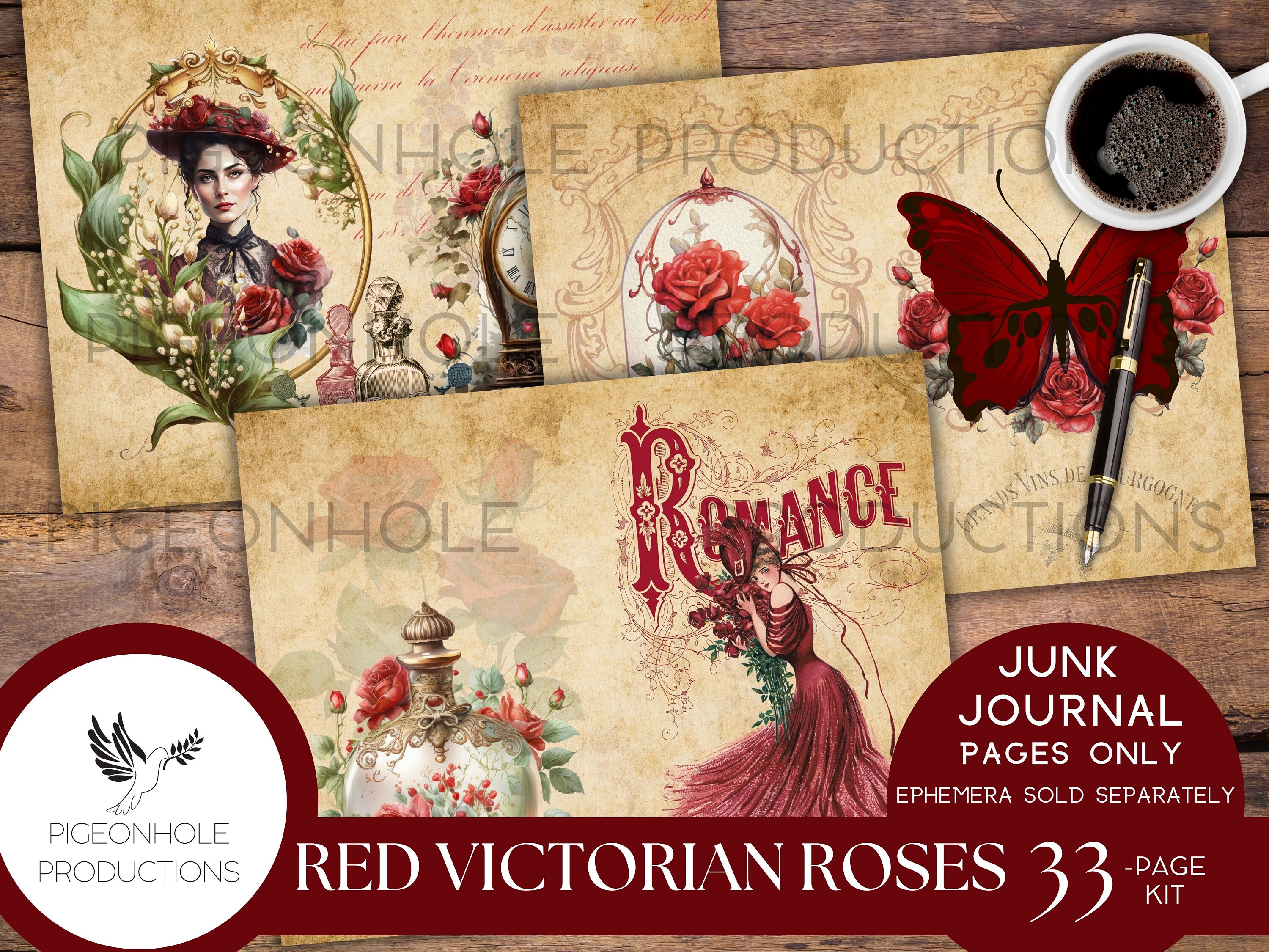 Red Victorian Roses Junk Journal Pages, PRINTABLE, 33 Sheets of ...