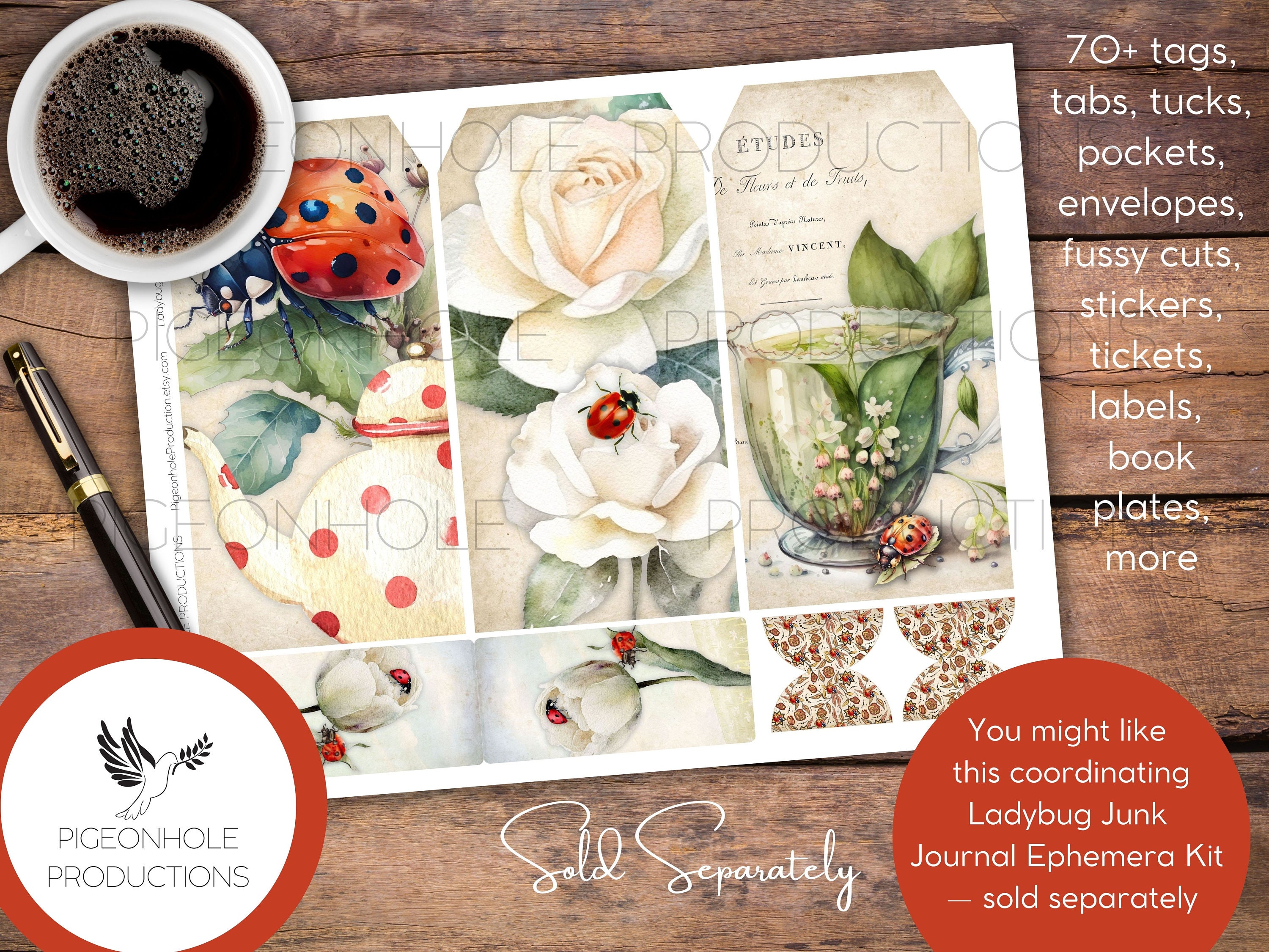 Ladybug Junk Journal Pages Only Kit, PRINTABLE, 30 Collage, Lined and ...