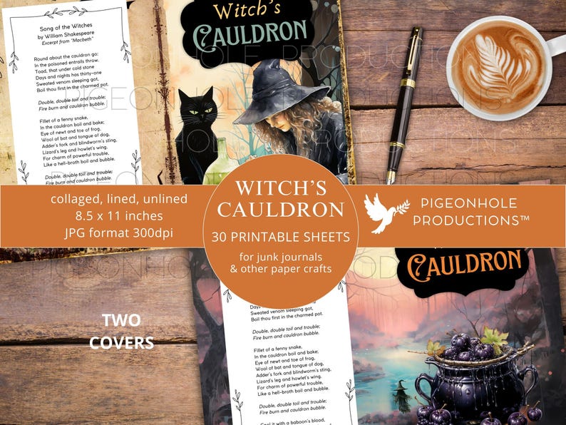 Witch's Cauldron Junk Journal Kit, PRINTABLE, 30 Sheets Collaged, Lined ...