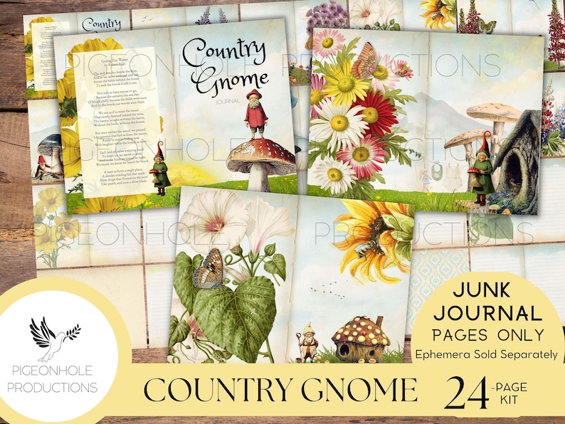 Country Gnome Junk Journal Pages, PRINTABLE, 24 Sheets of Decorative ...