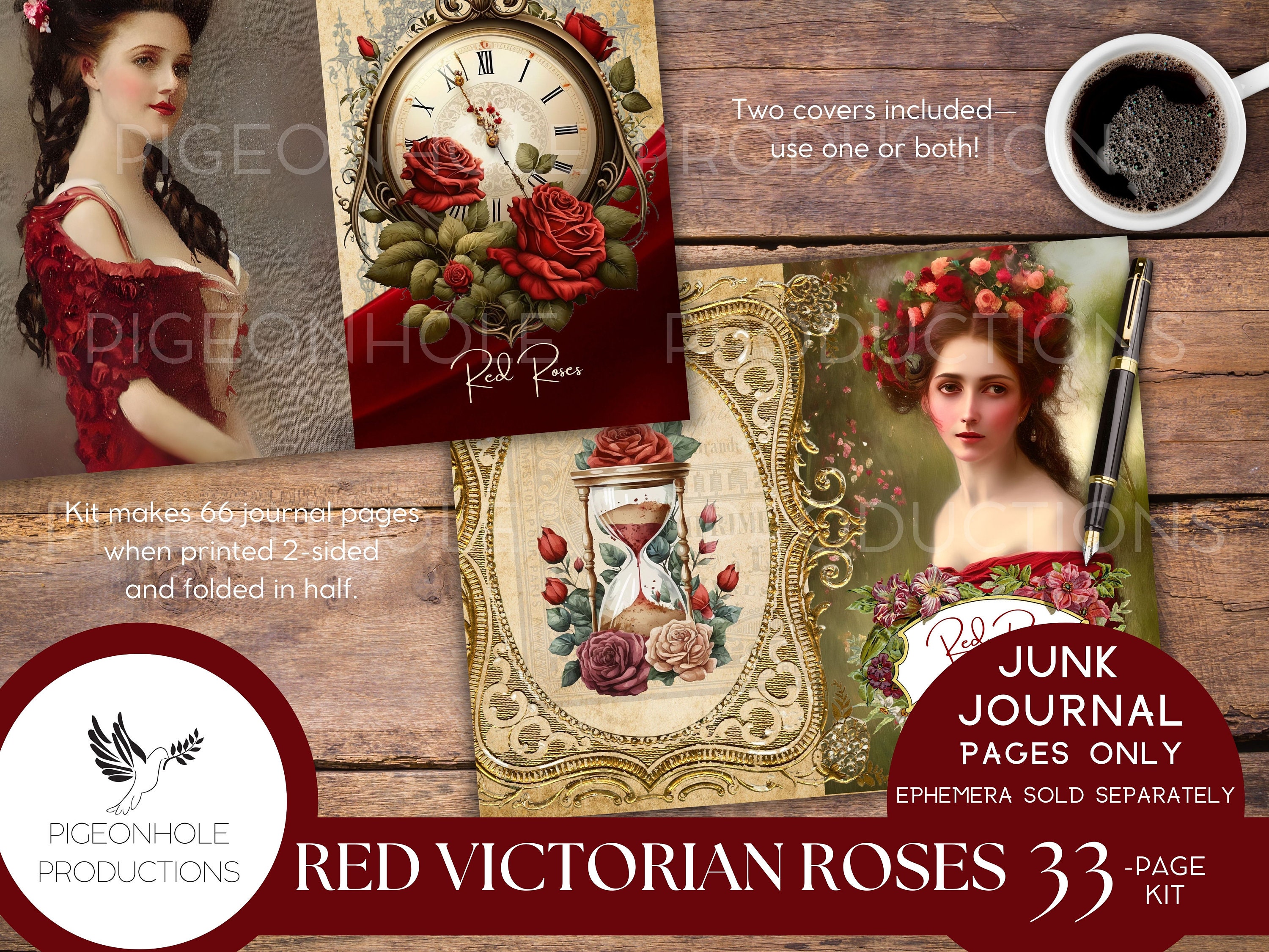 Red Victorian Roses Junk Journal Pages, PRINTABLE, 33 Sheets of ...