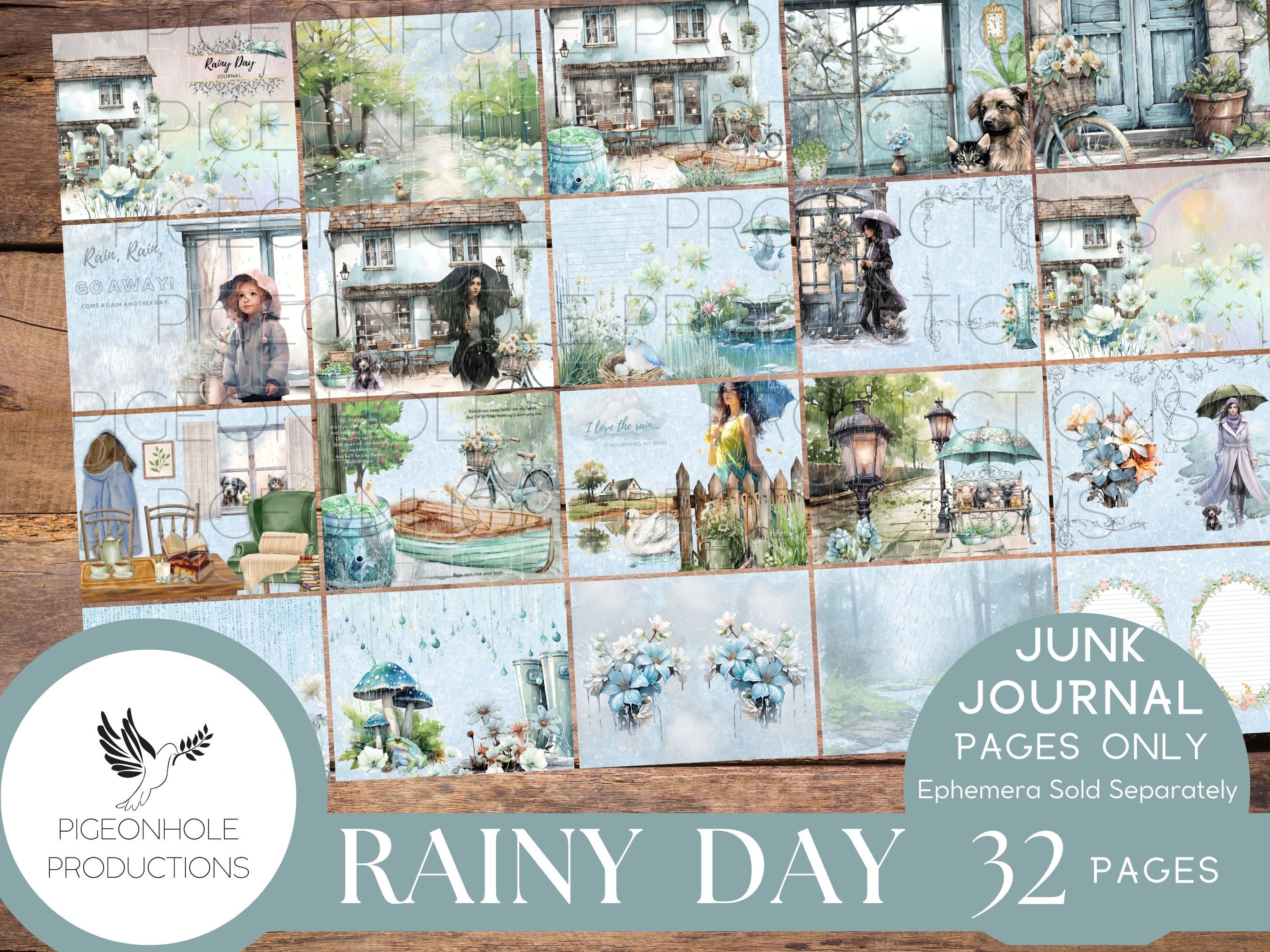 Rainy Day Journal Pages Only Kit, PRINTABLE, 32 Collage, Lined, Unlined ...