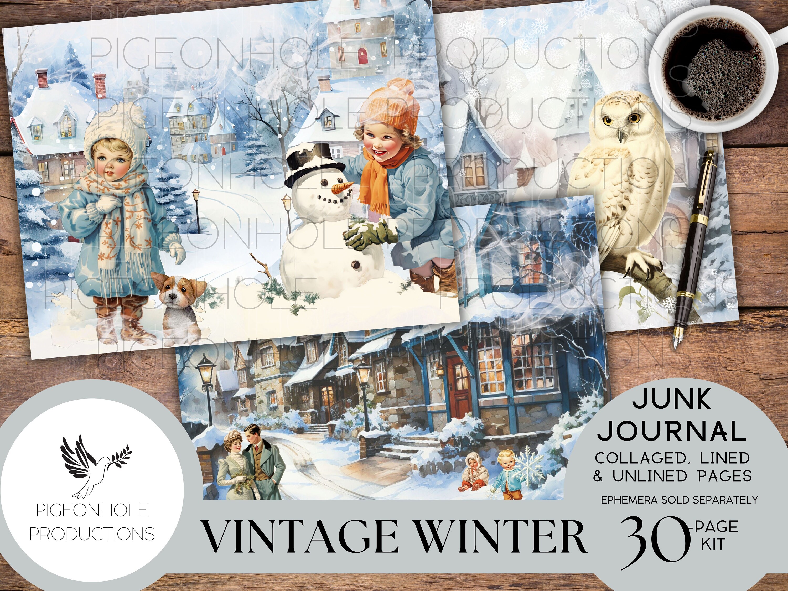 Vintage Winter Junk Journal Pages, PRINTABLE, 32 Collaged, Lined ...