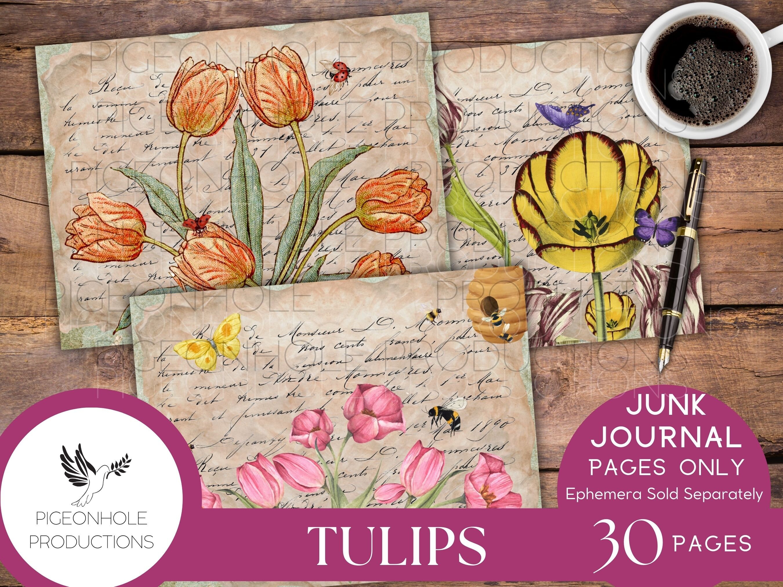 Tulips Junk Journal Pages Only Kit, PRINTABLE, 30 Collage, Lined ...