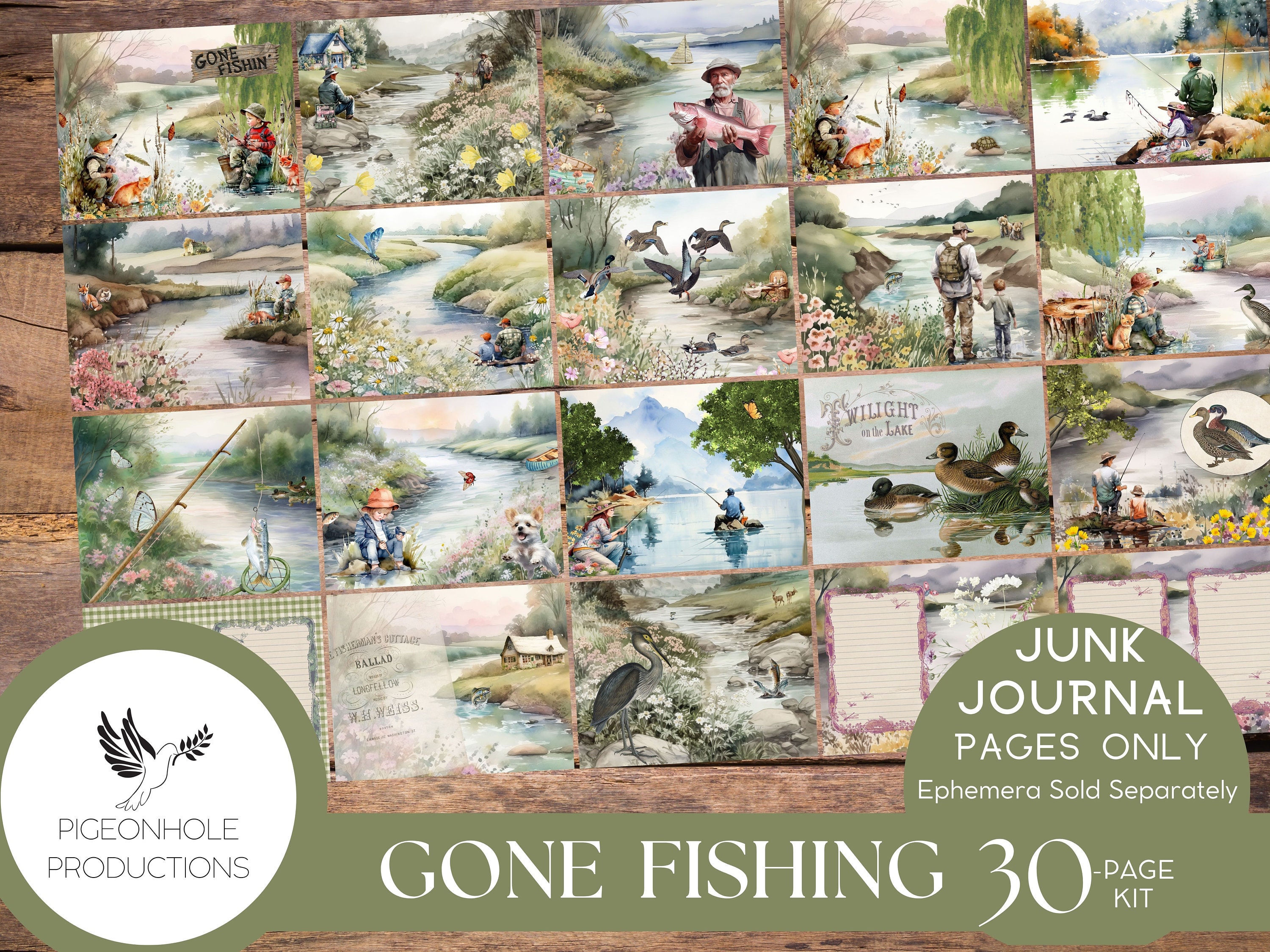 Gone Fishing Junk Journal Pages, PRINTABLE, 30 Collaged, Lined, Unlined ...