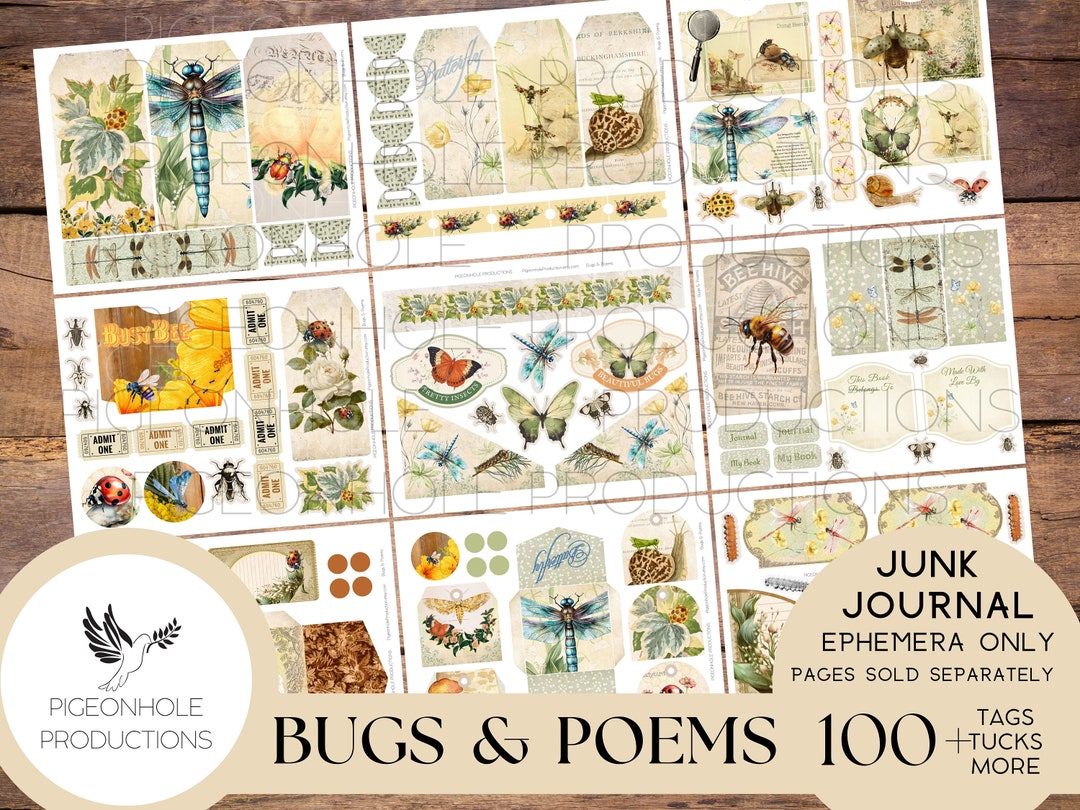 Bugs & Poems Junk Journal EPHEMERA, PRINTABLE, 70+ Tags, Tucks, Pockets ...