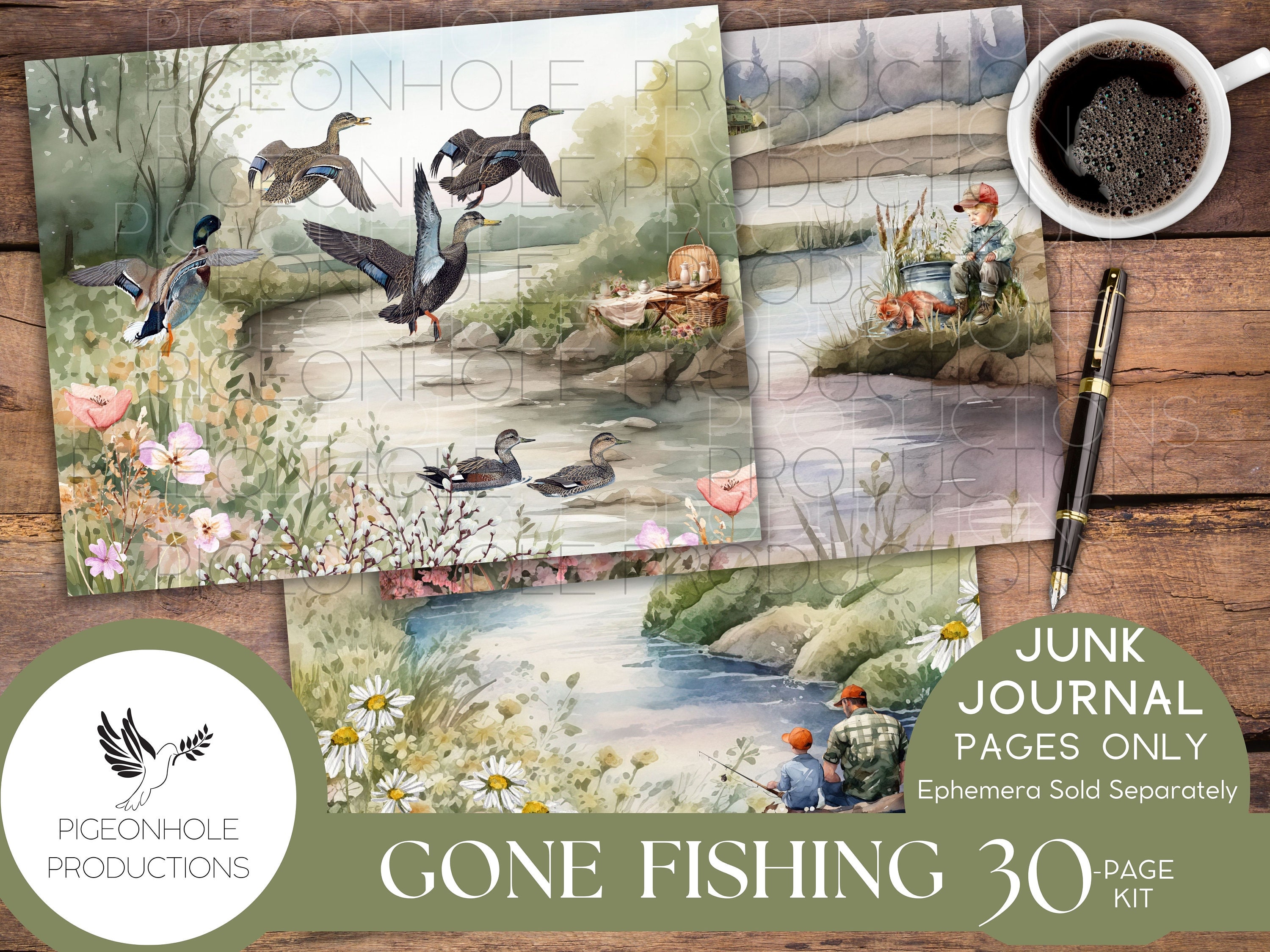 Gone Fishing Junk Journal Pages, PRINTABLE, 30 Collaged, Lined, Unlined ...
