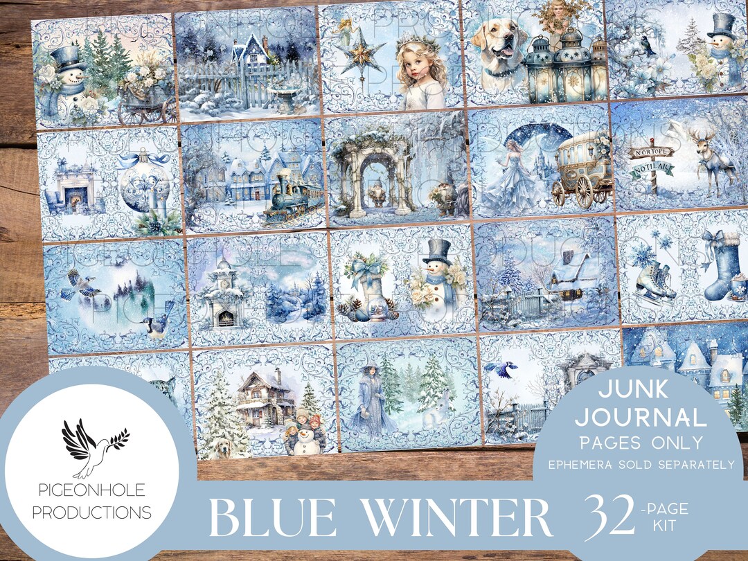Blue Winter Junk Journal Pages, PRINTABLE, 32 Collage, Lined & Unlined ...