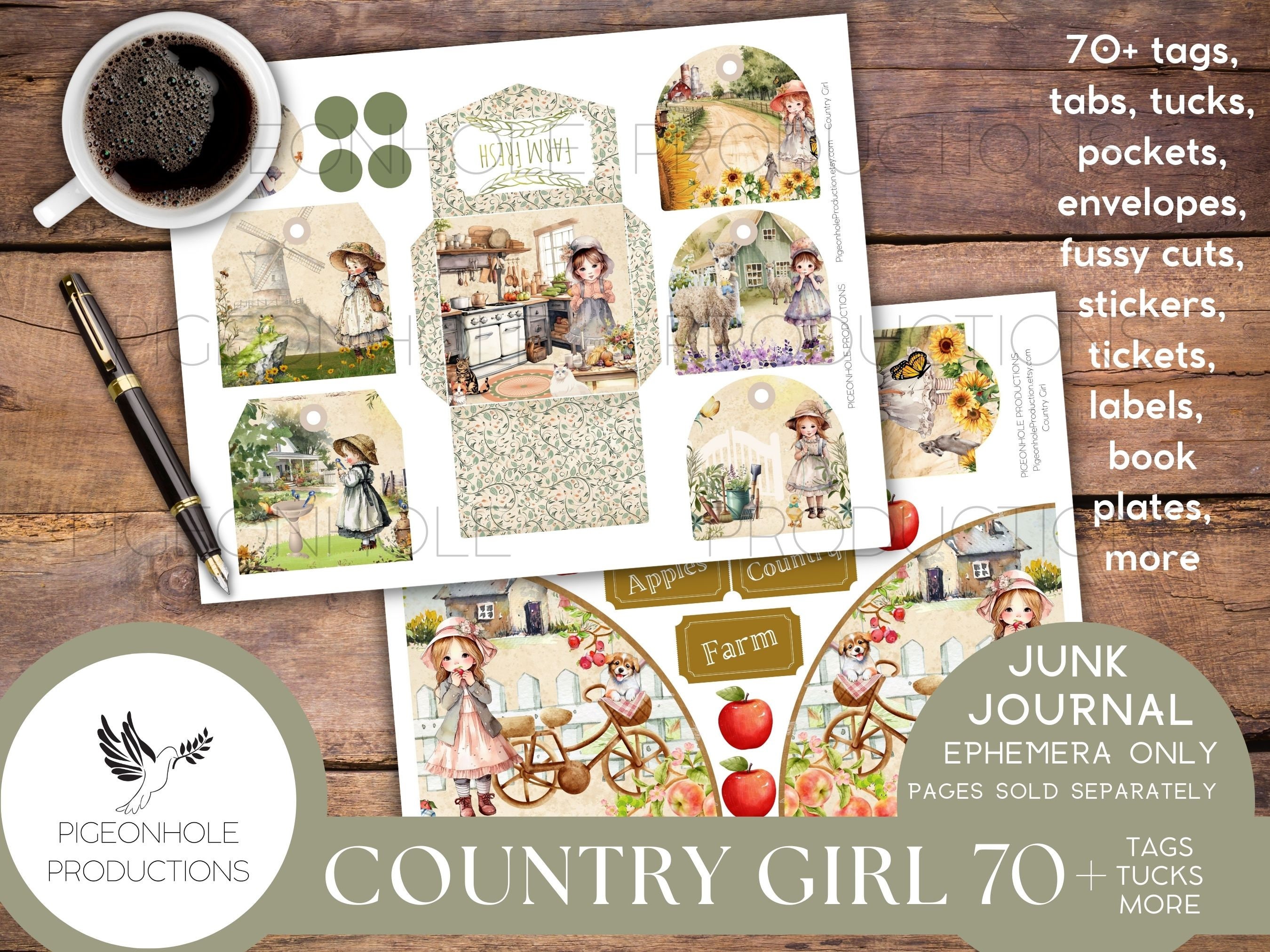 Country Girl Journal EPHEMERA, PRINTABLE, 70 Tags, Tucks, Pockets ...