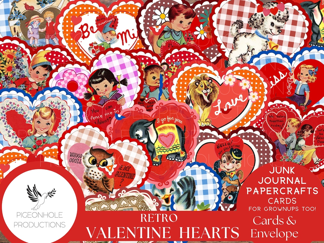 Retro Valentine Heart Cards, PRINTABLE, 24 Cards, Approx. 3.5 X 3.25 ...