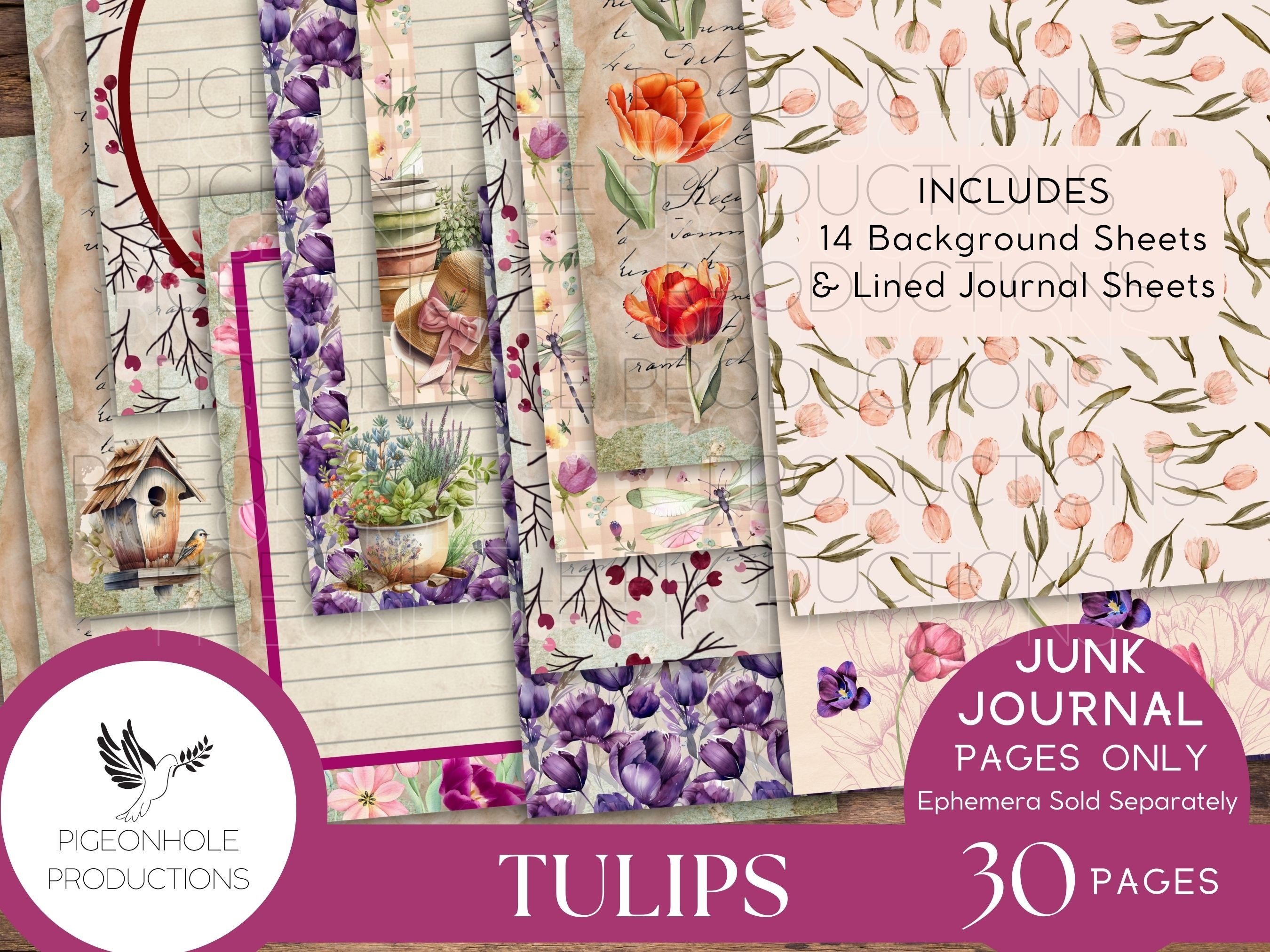 Tulips Junk Journal Pages Only Kit, PRINTABLE, 30 Collage, Lined ...
