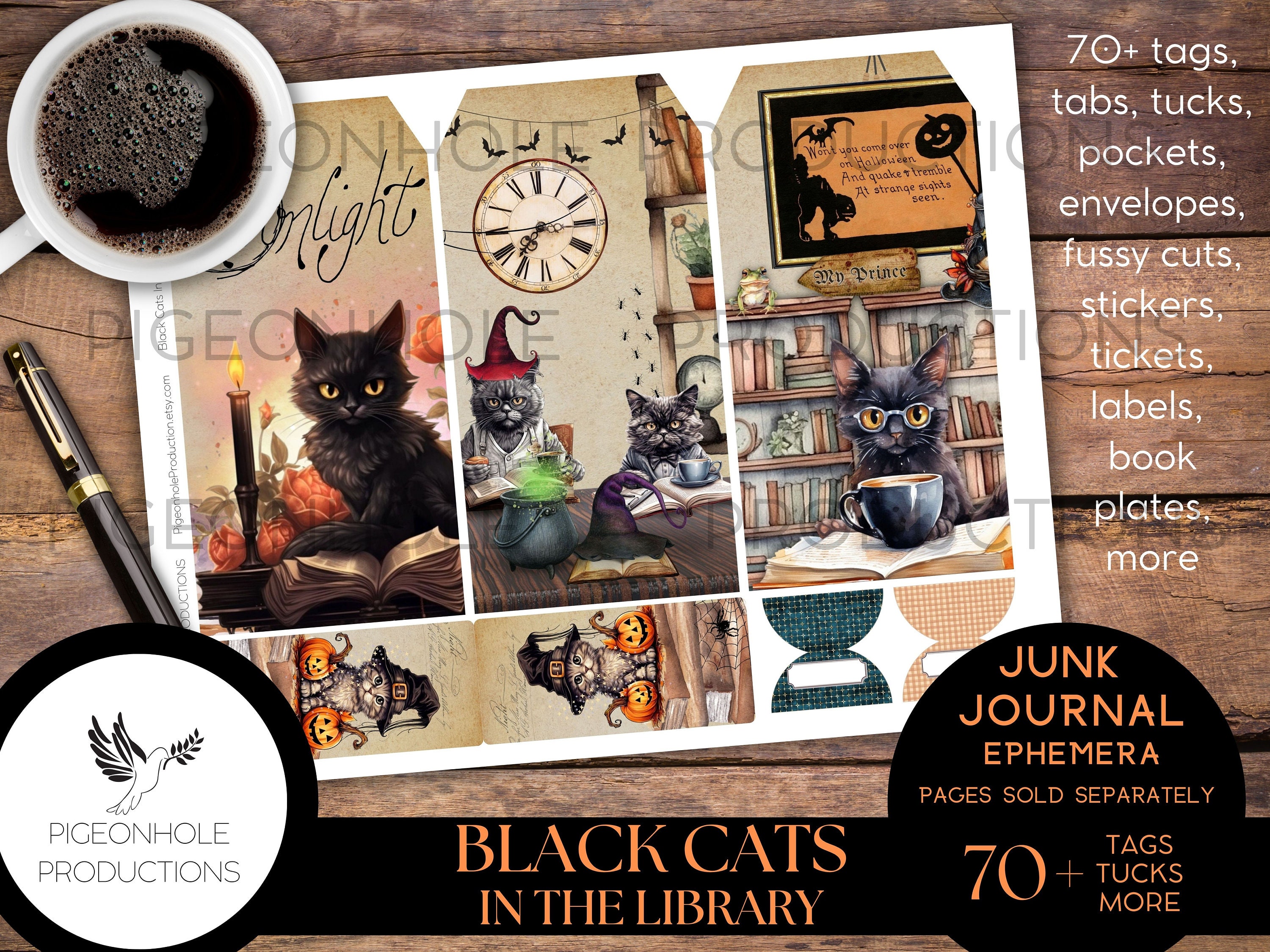 Black Cats in the Library Junk Journal EPHEMERA, PRINTABLE, 70 Tags ...
