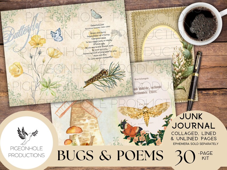 Bugs & Poems Junk Journal Pages Kit, PRINTABLE, 30 Collaged, Lined and ...