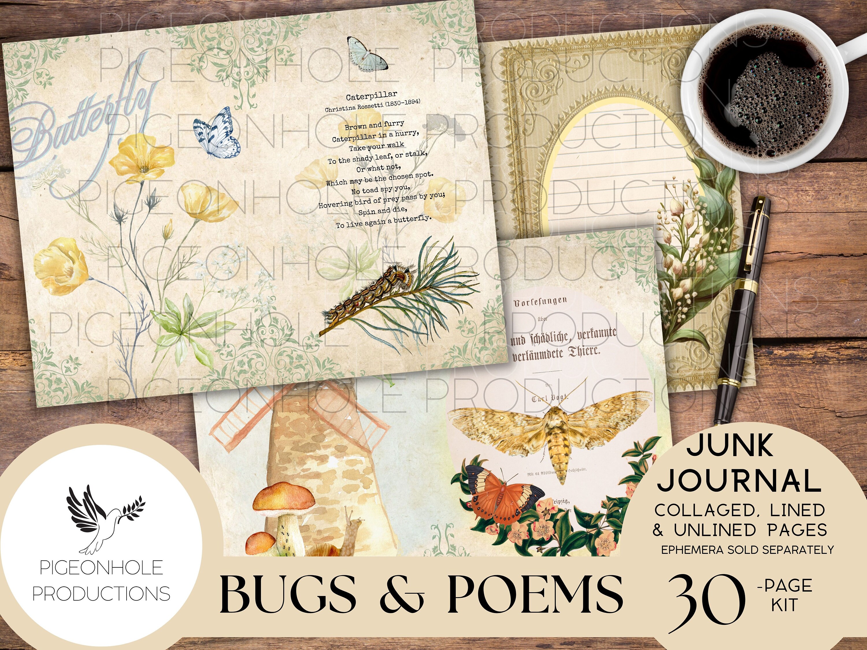 Bugs & Poems Junk Journal Pages Kit, PRINTABLE, 30 Collaged, Lined and ...