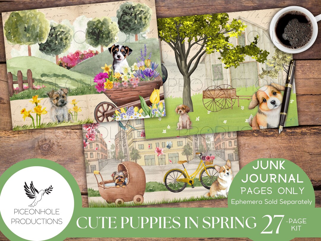 Cute Puppies in Spring Junk Journal Kit, PRINTABLE, 26 Decorative ...