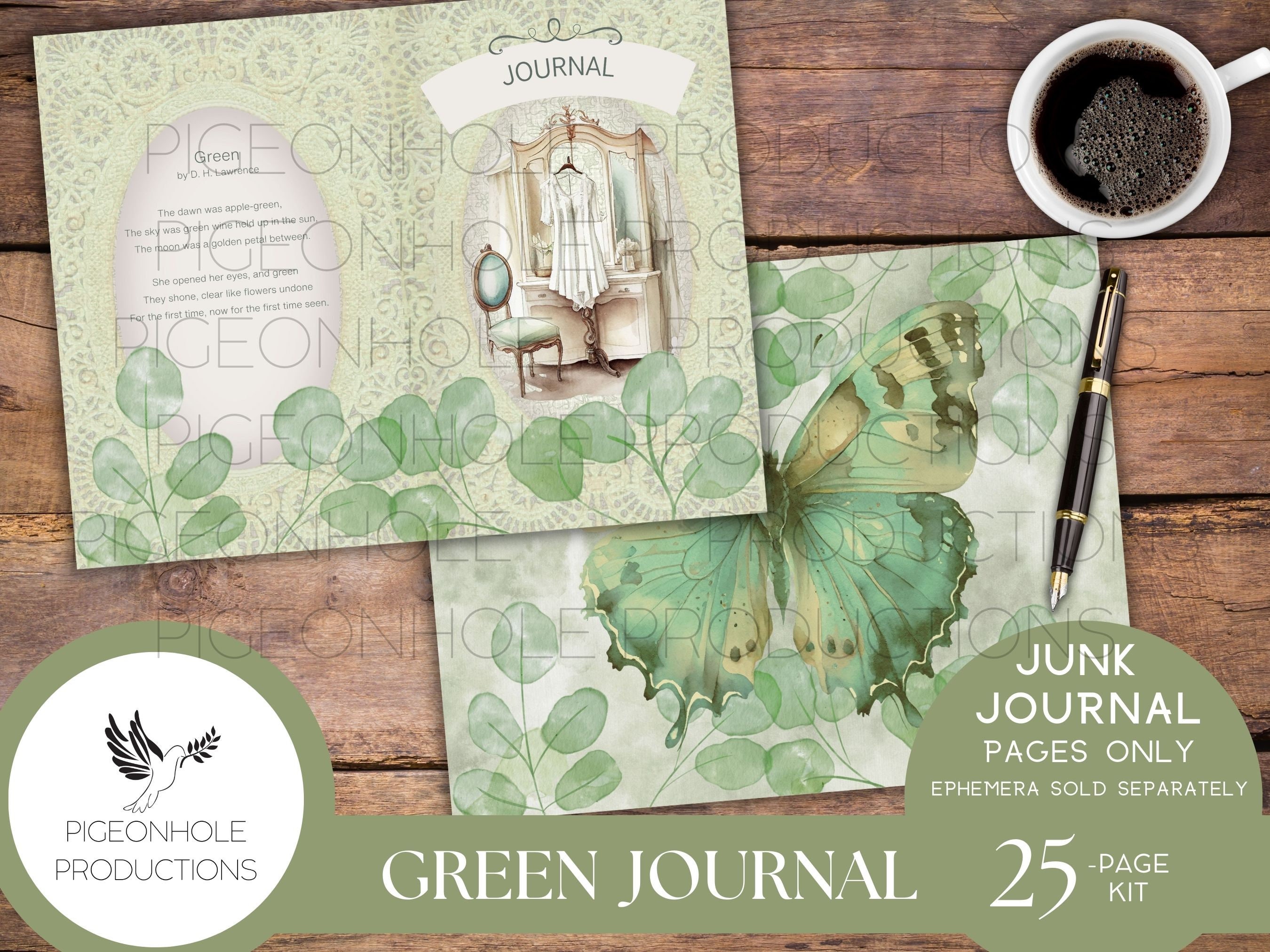 Green Junk Journal Pages, PRINTABLE, 25 Decorative, Background, Backing ...