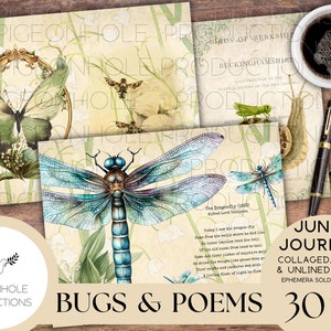 Bugs & Poems Junk Journal Pages Kit, PRINTABLE, 30 Collaged, Lined and ...