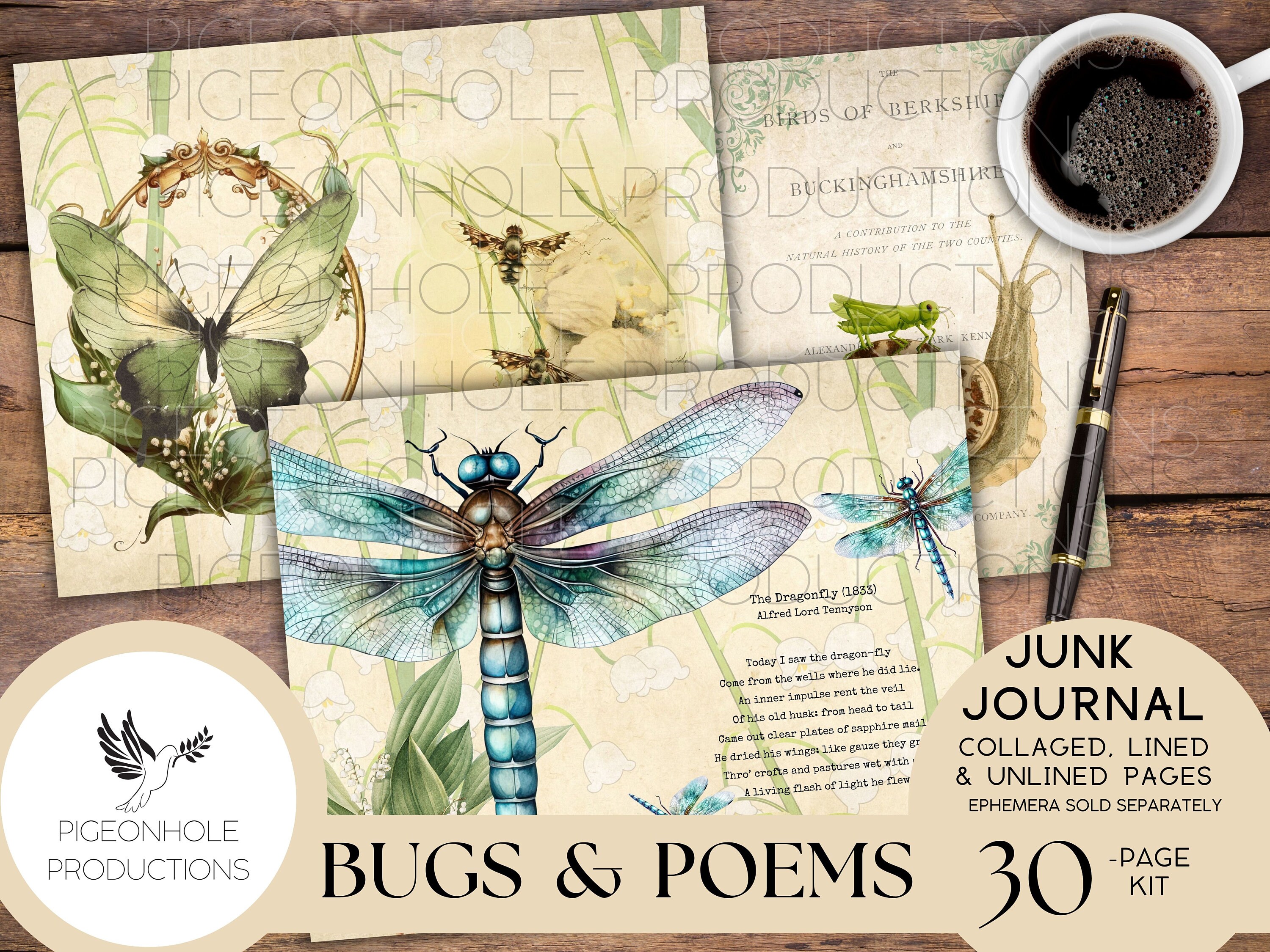 Bugs & Poems Junk Journal Pages Kit, PRINTABLE, 30 Collaged, Lined and ...