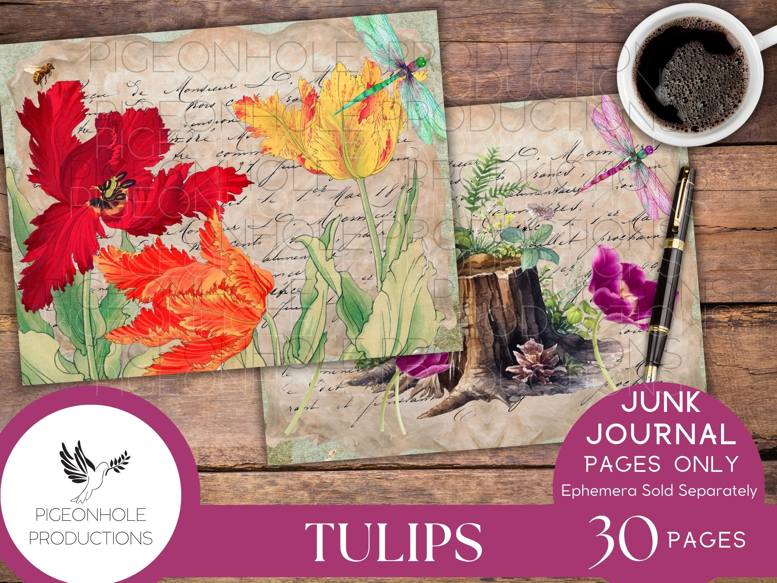 Tulips Junk Journal Pages Only Kit, PRINTABLE, 30 Collage, Lined ...