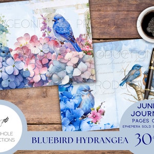 Bluebird Hydrangea Junk Journal Pages Only Kit, PRINTABLE, 30 Collaged ...