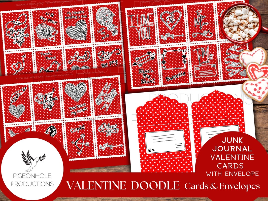 Valentine Doodle Cards & Envelopes, PRINTABLE, 24 Cards, Includes ...