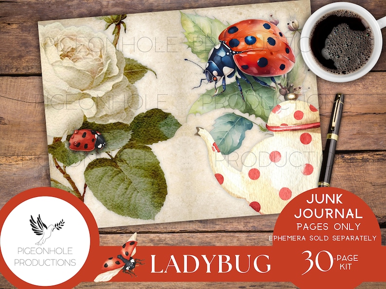 Ladybug Junk Journal Pages Only Kit, PRINTABLE, 30 Collage, Lined and ...