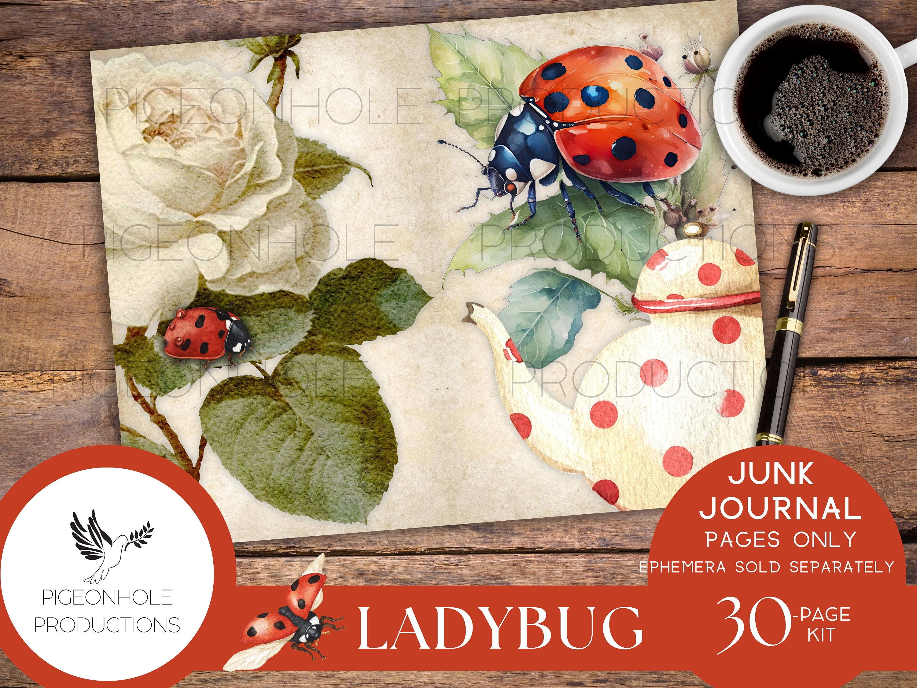 Ladybug Junk Journal Pages Only Kit, PRINTABLE, 30 Collage, Lined and ...