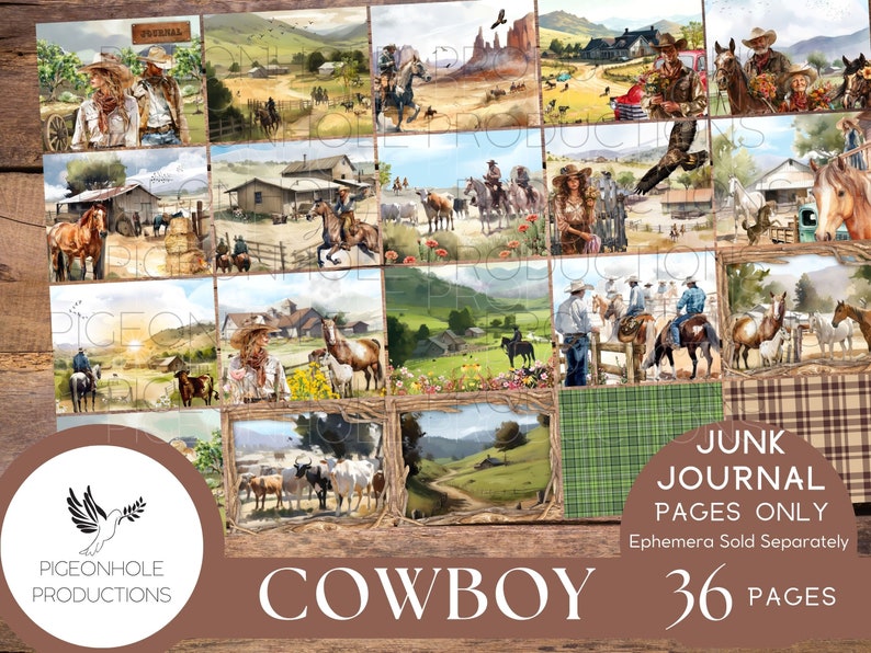 Cowboy Journal Pages Only Kit, PRINTABLE, 32 Collage, Lined, Unlined ...