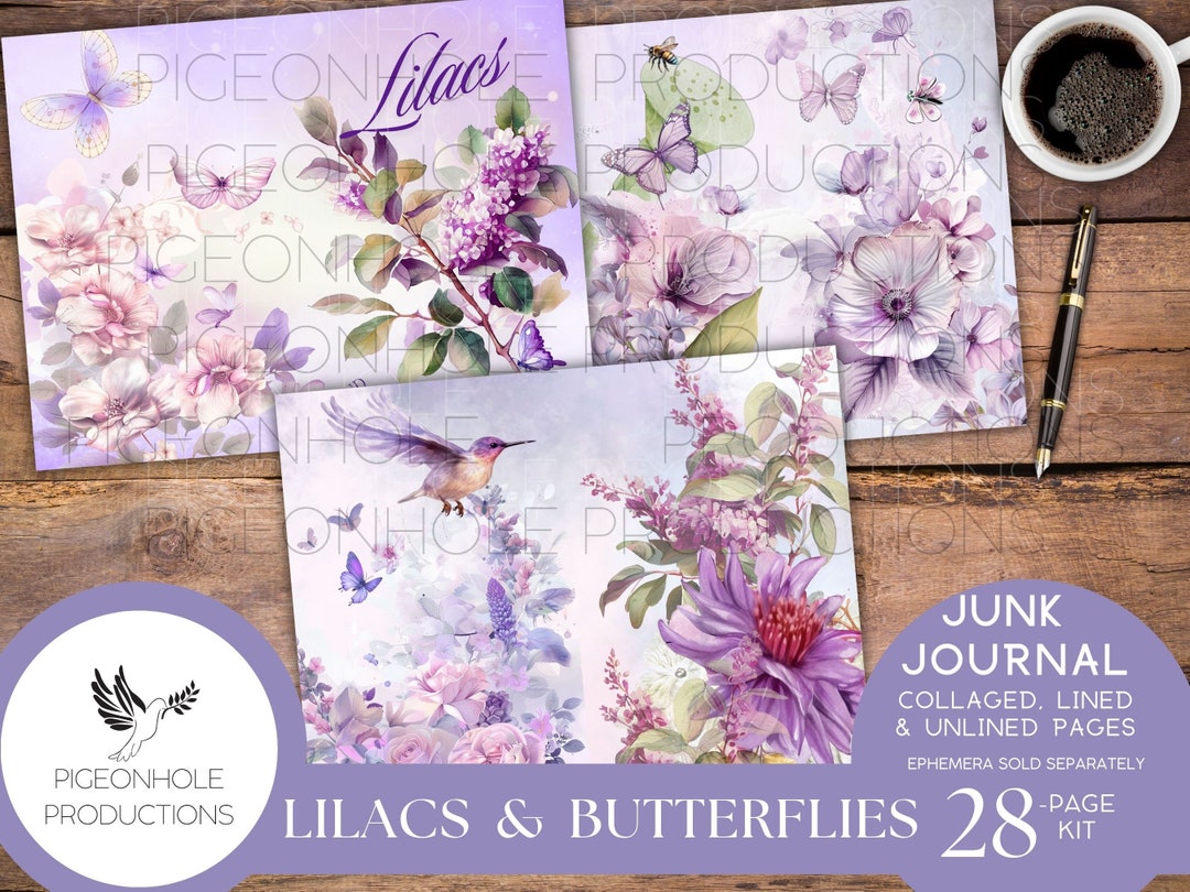Lilacs & Butterflies Junk Journal PAGES, PRINTABLE, 28 Collaged ...