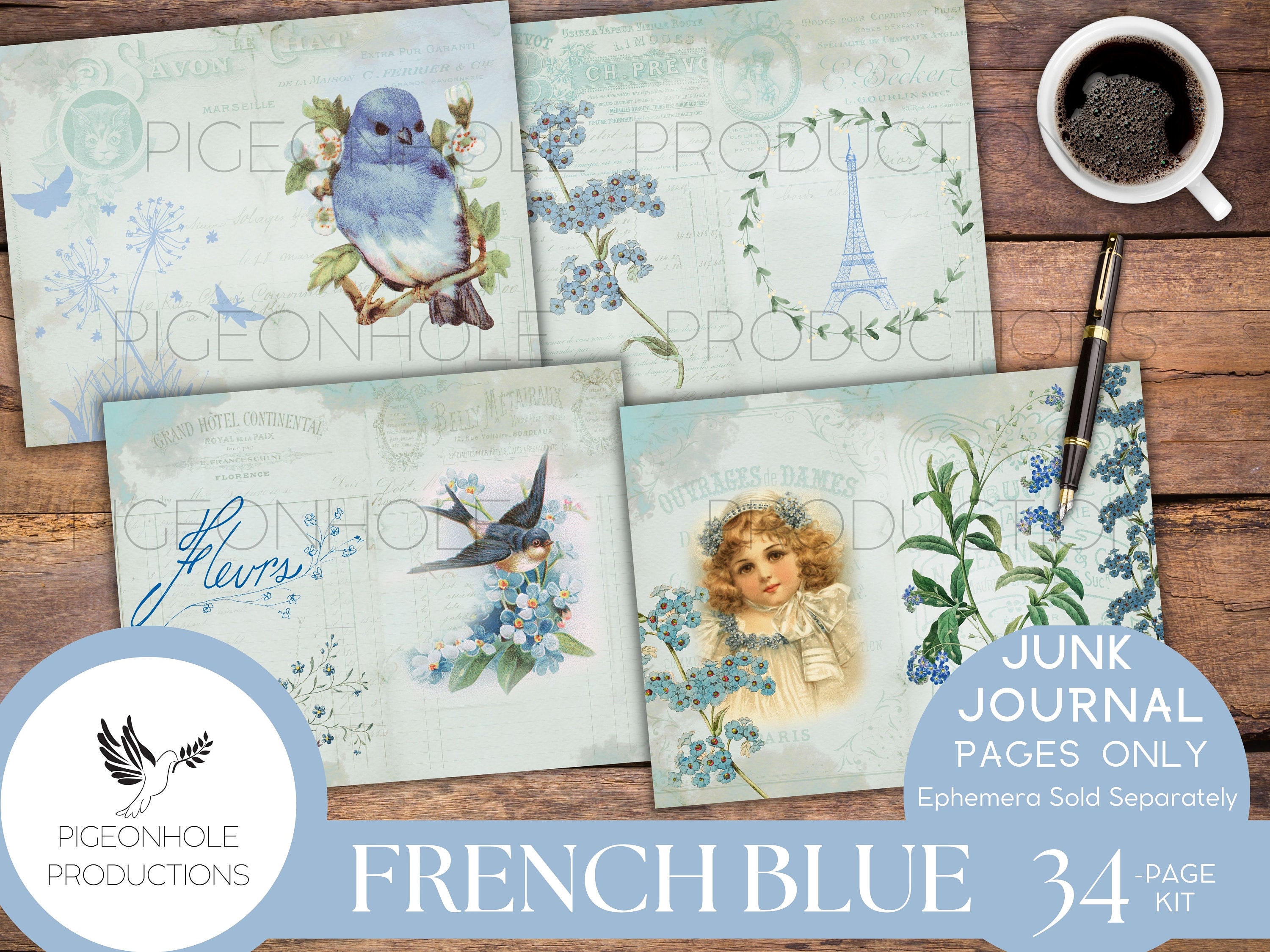 French Blue Junk Journal Pages Kit PRINTABLE 34 Sheets - Etsy