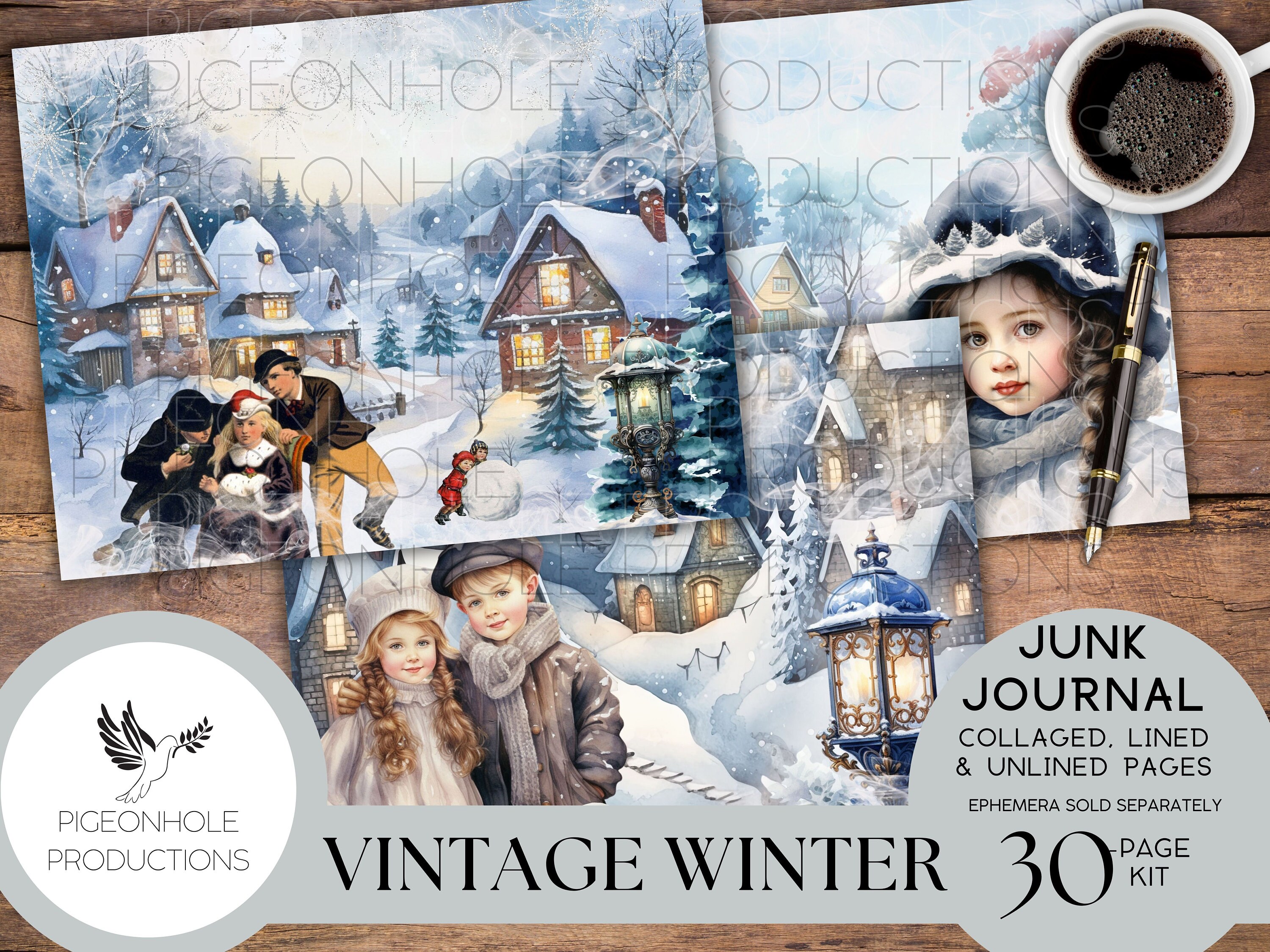 Vintage Winter Junk Journal Pages, PRINTABLE, 32 Collaged, Lined ...