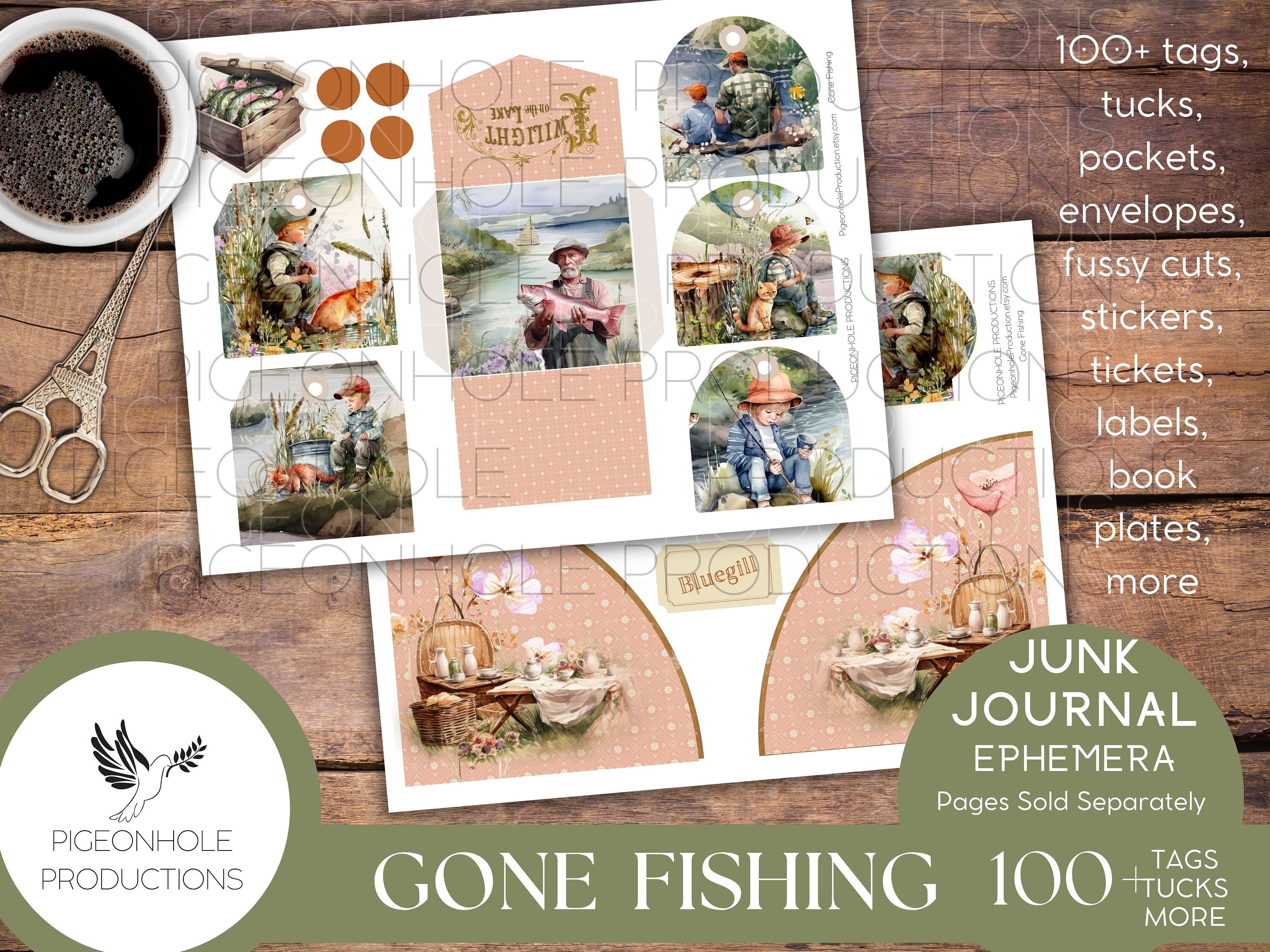 Gone Fishing Junk Journal EPHEMERA, PRINTABLE, 90 Tags, Tucks, Pockets ...