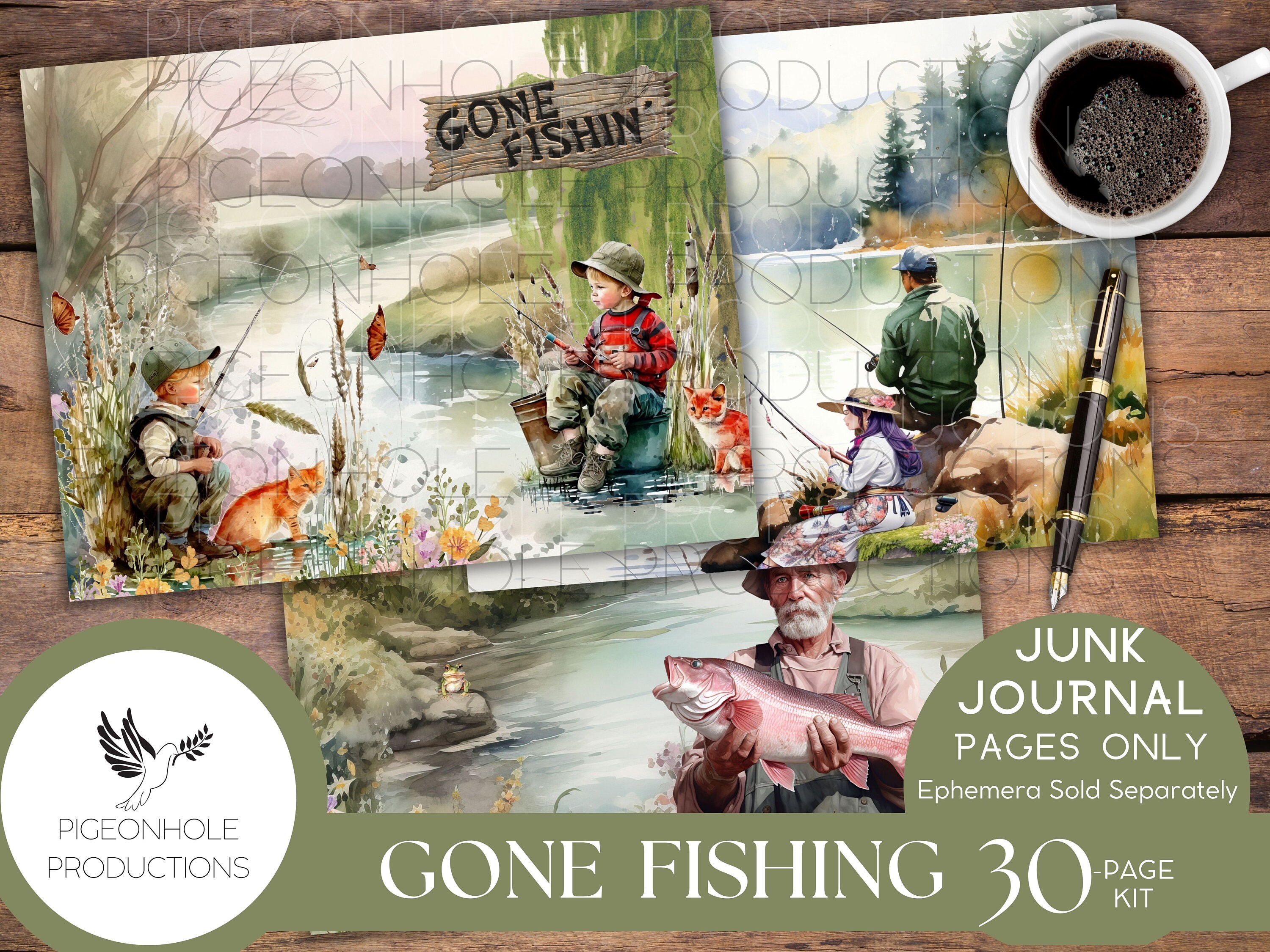 Gone Fishing Junk Journal Pages, PRINTABLE, 30 Collaged, Lined, Unlined ...