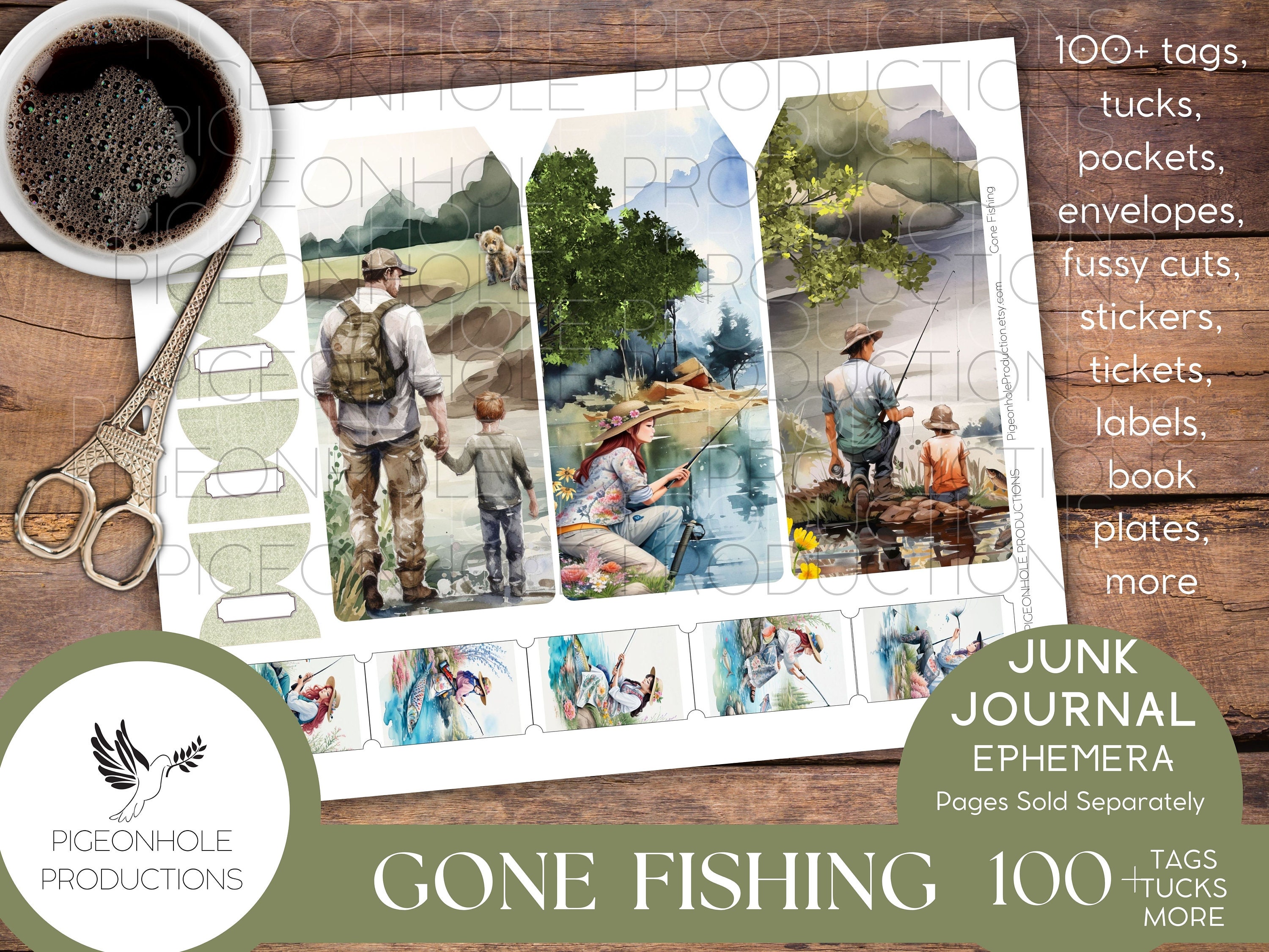 Gone Fishing Junk Journal EPHEMERA, PRINTABLE, 90+ Tags, Tucks, Pockets ...