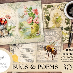 Bugs & Poems Junk Journal Pages Kit, PRINTABLE, 30 Collaged, Lined and ...