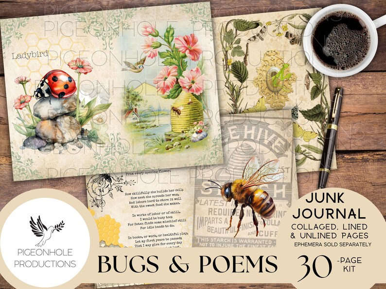 Bugs & Poems Junk Journal Pages Kit, PRINTABLE, 30 Collaged, Lined and ...
