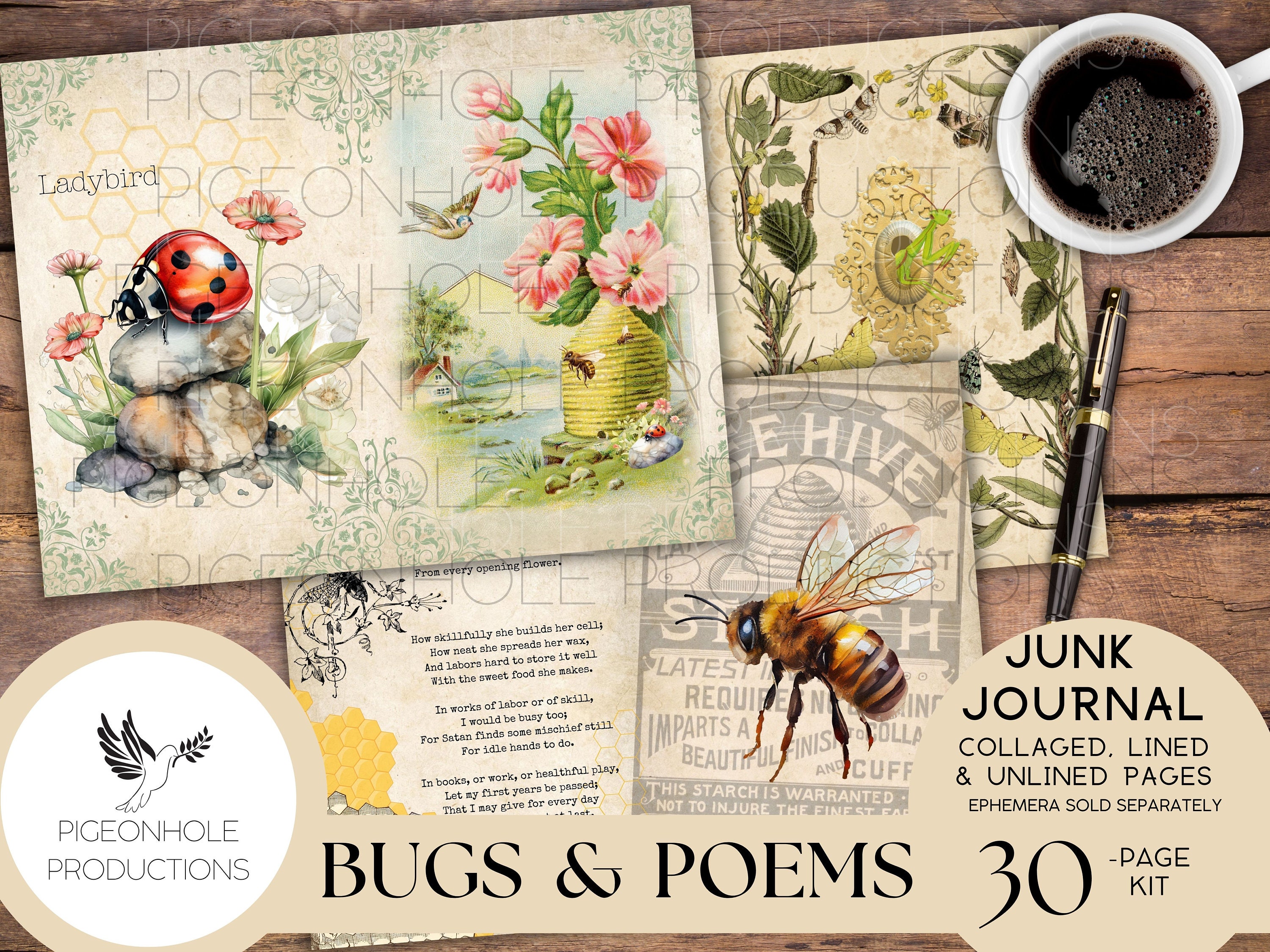 Bugs & Poems Junk Journal Pages Kit, PRINTABLE, 30 Collaged, Lined and ...