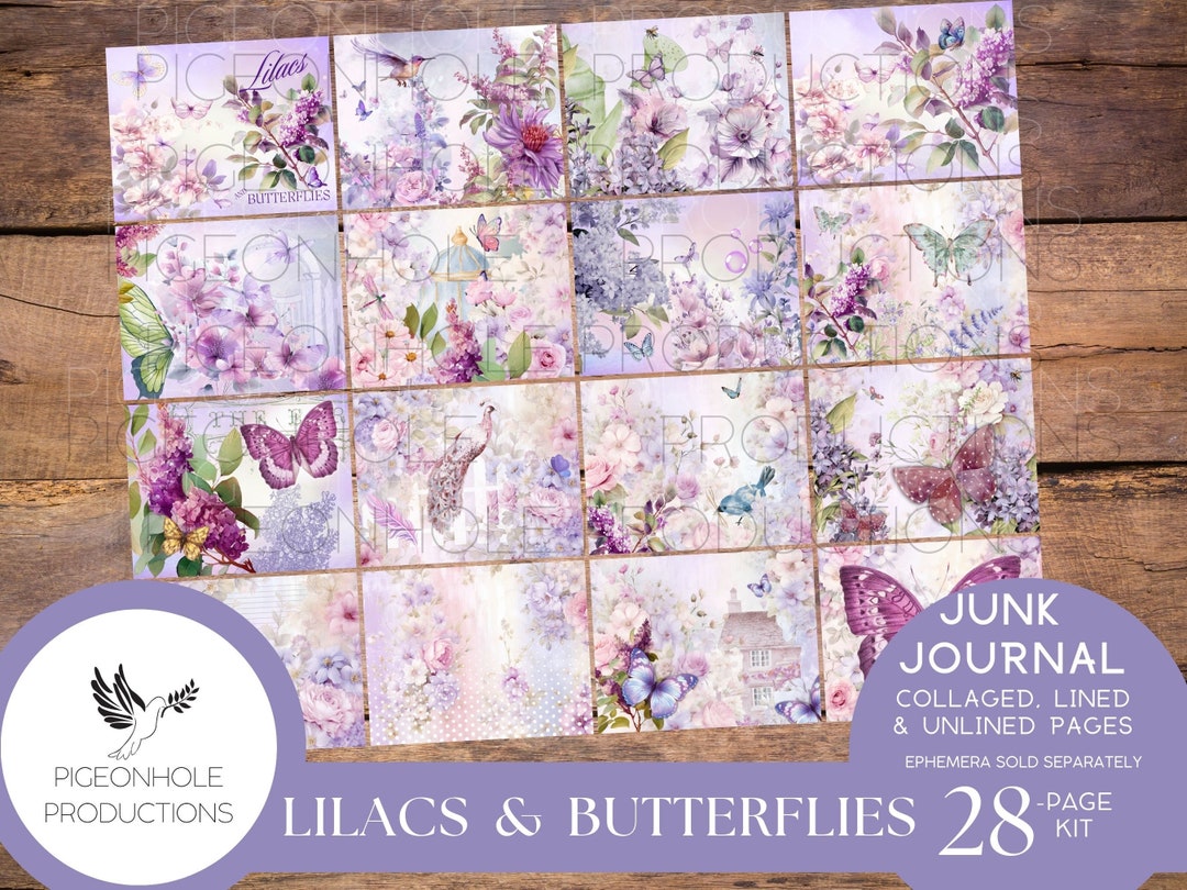 Lilacs & Butterflies Junk Journal PAGES, PRINTABLE, 28 Collaged ...