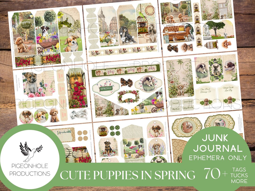 Cute Puppies in Spring Junk Journal EPHEMERA, PRINTABLE, 70 Cute Tags ...