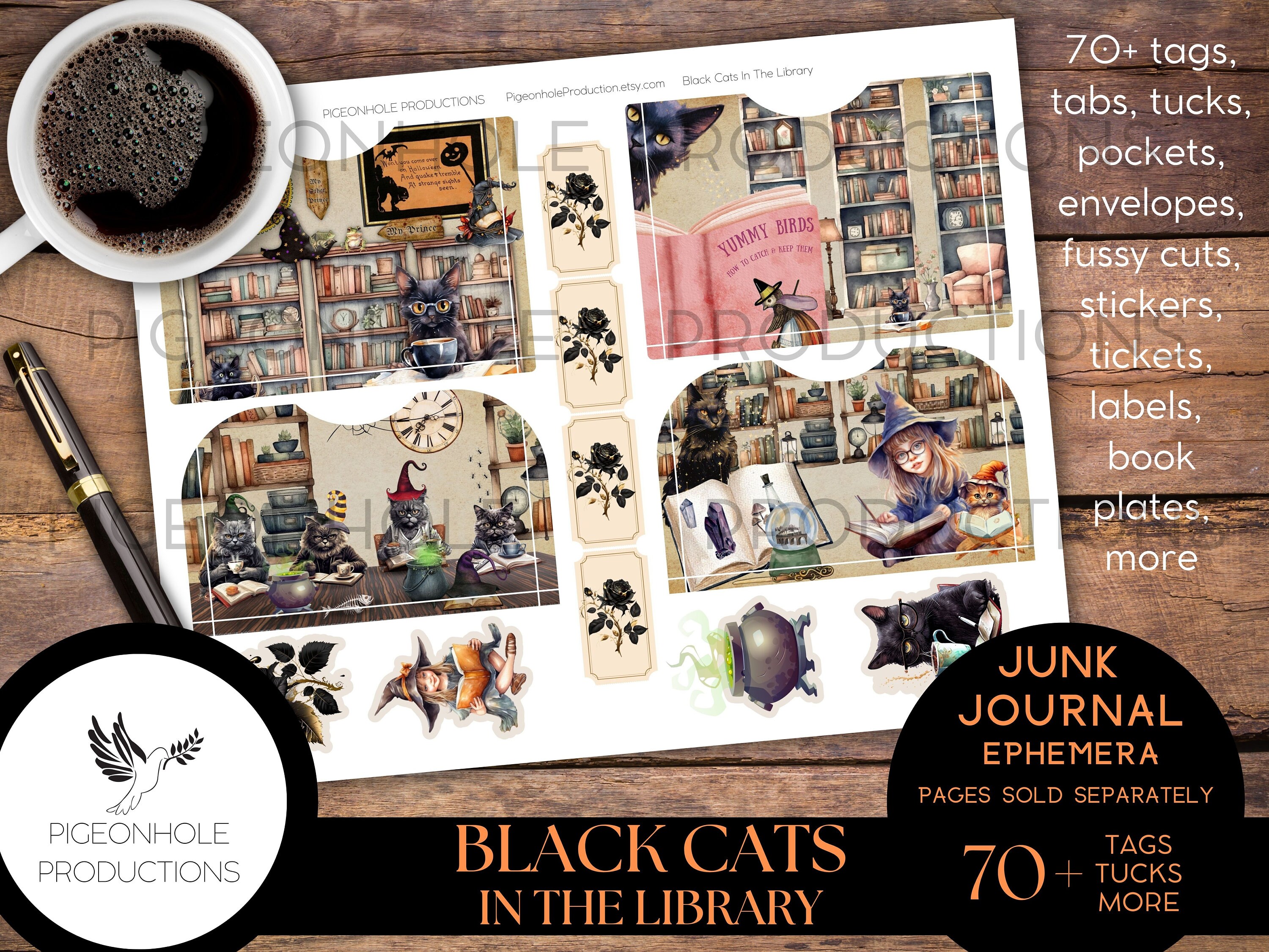 Black Cats in the Library Junk Journal EPHEMERA, PRINTABLE, 70+ Tags ...