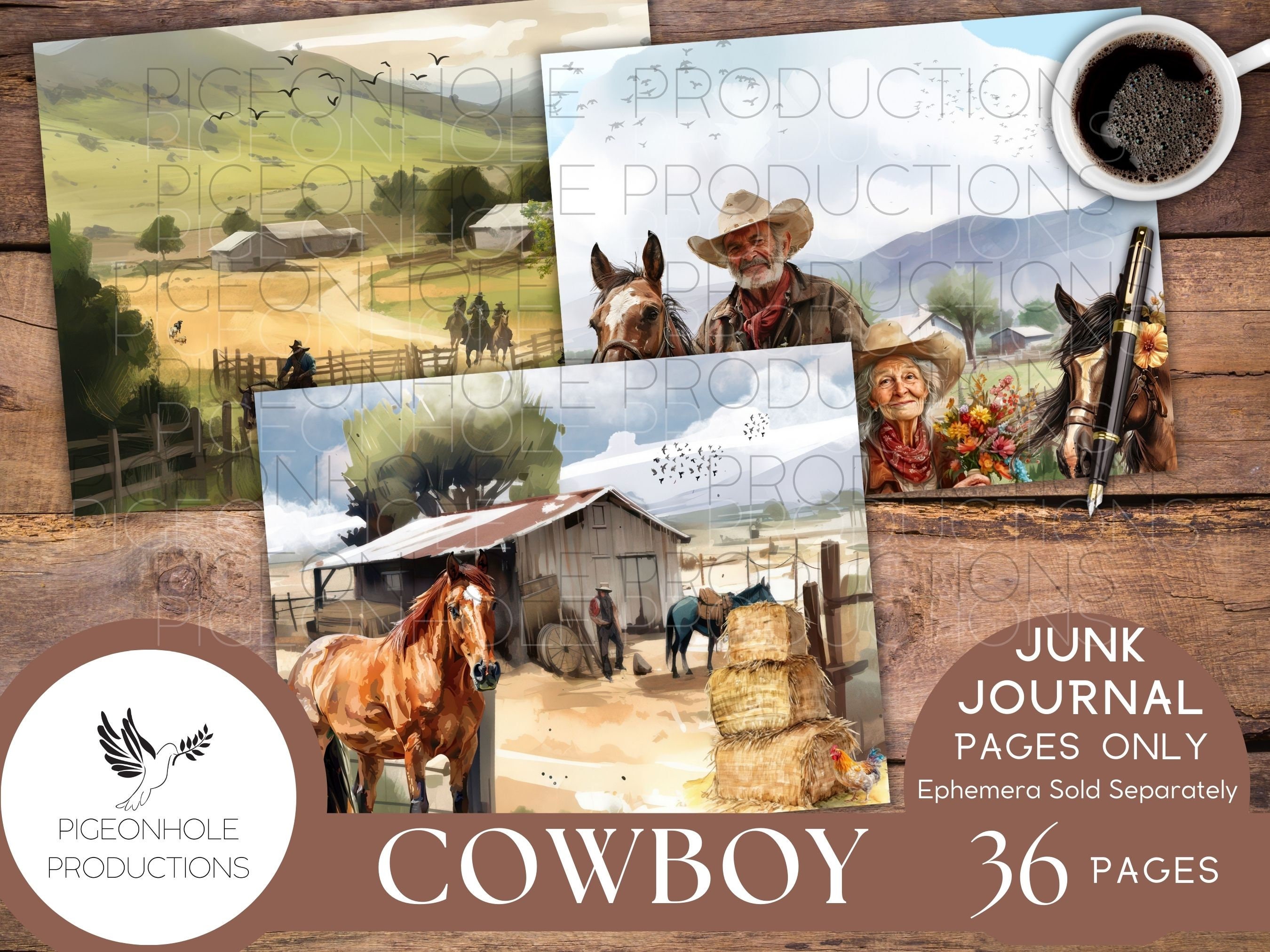 Cowboy Journal Pages Only Kit, PRINTABLE, 32 Collage, Lined, Unlined ...
