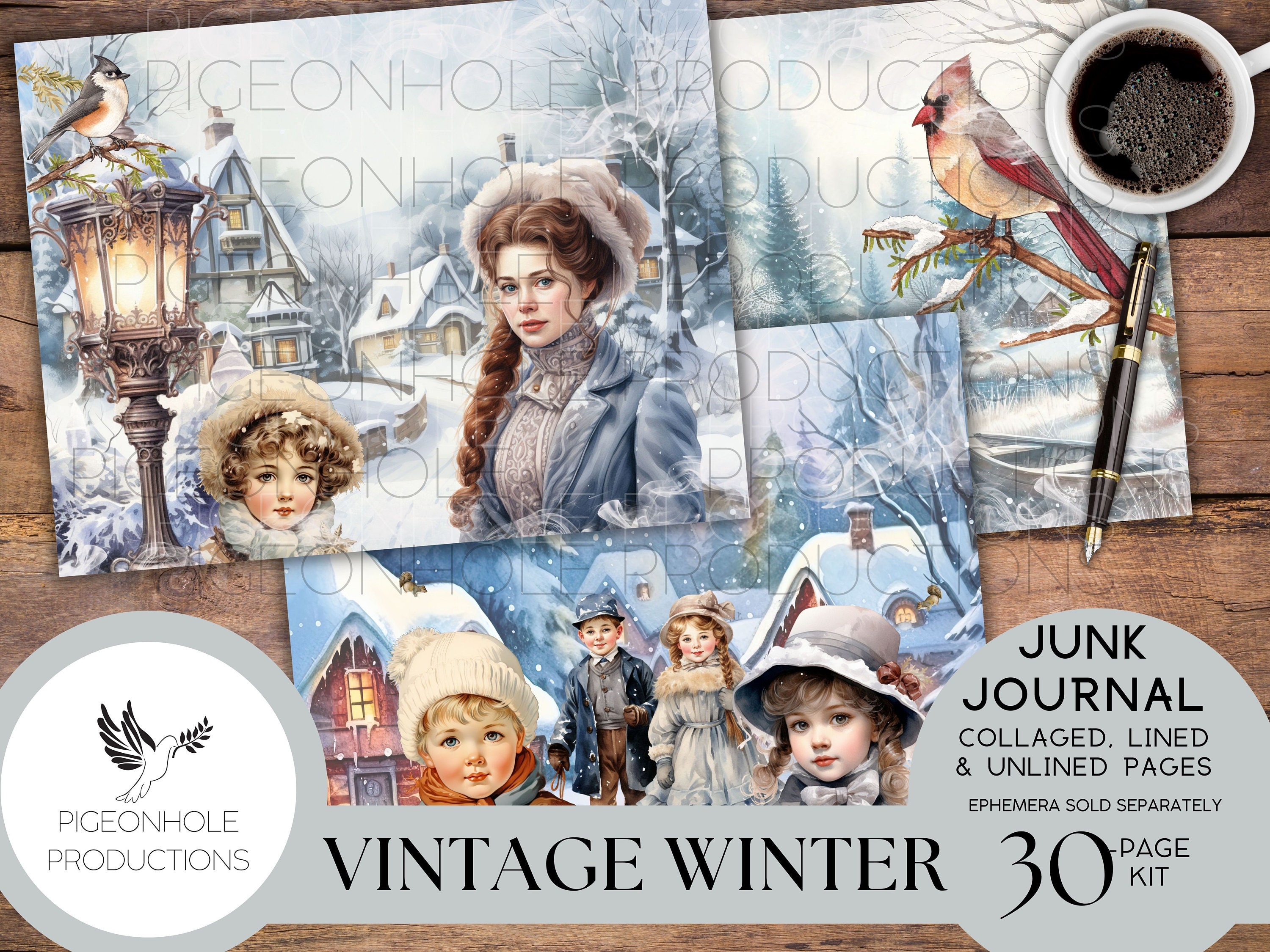 Vintage Winter Junk Journal Pages, PRINTABLE, 32 Collaged, Lined ...