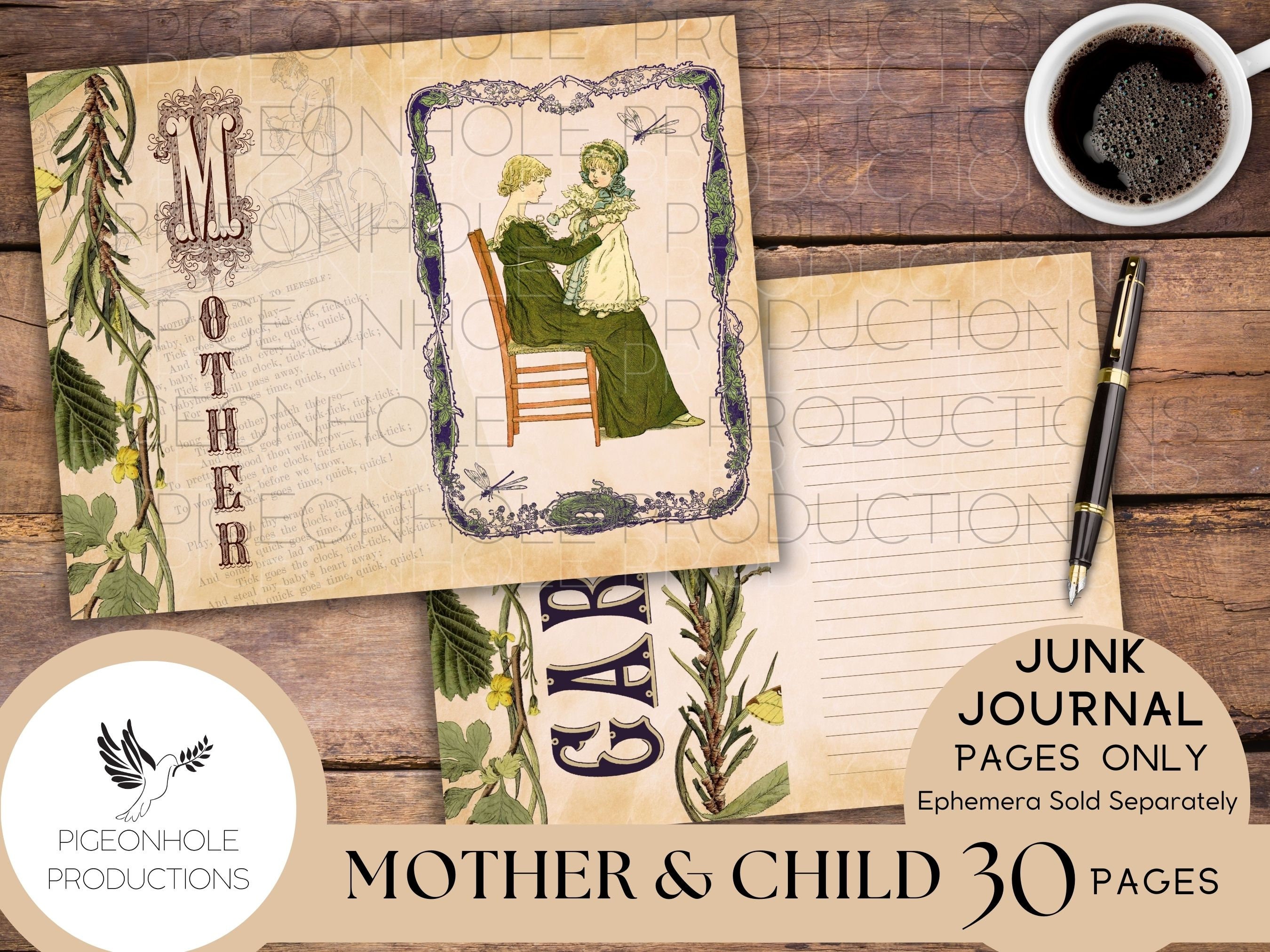 Mother & Child Junk Journal Pages Only Kit, PRINTABLE,30 Collage, Lined ...