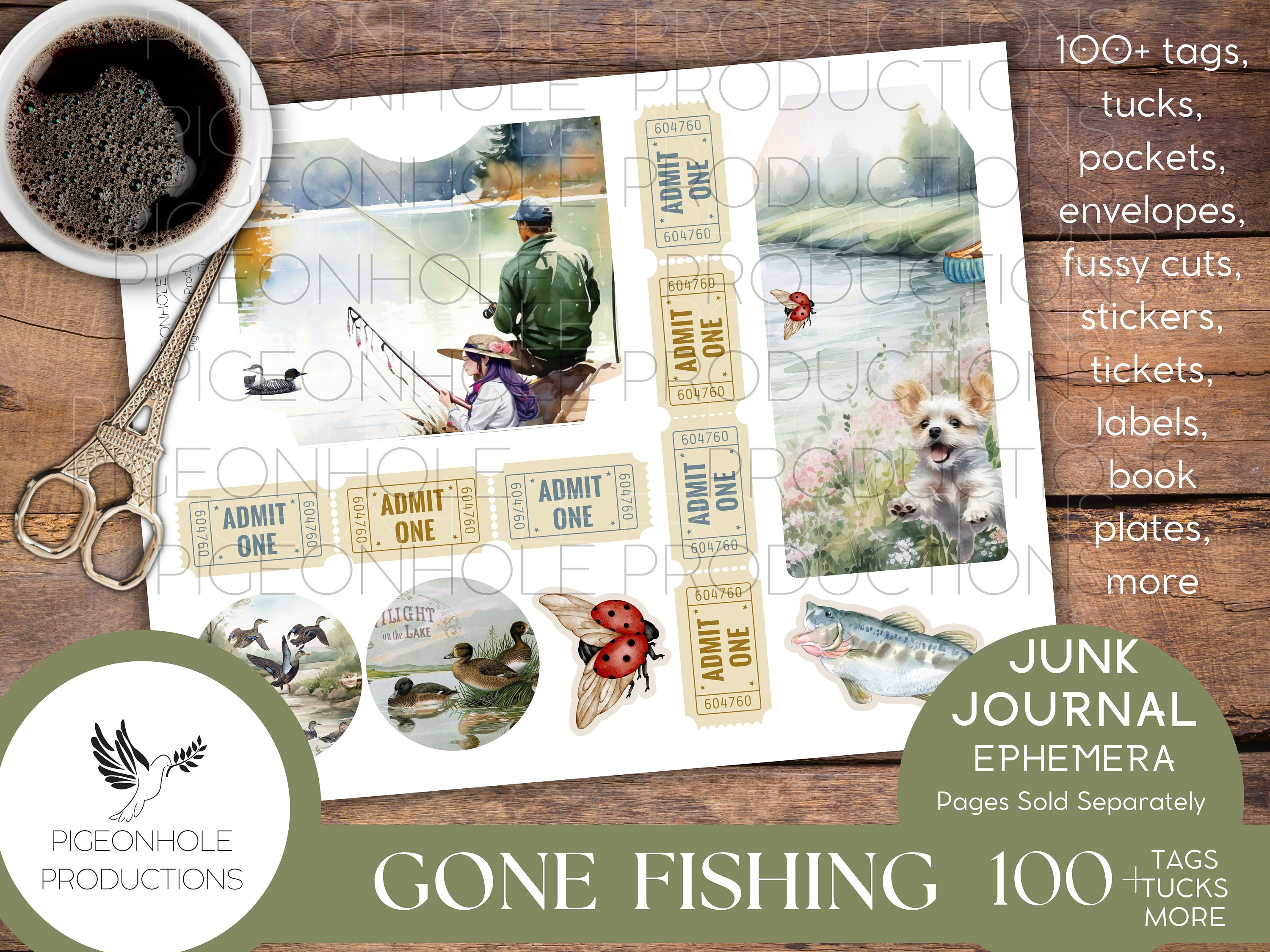 Gone Fishing Junk Journal EPHEMERA, PRINTABLE, 90 Tags, Tucks, Pockets ...