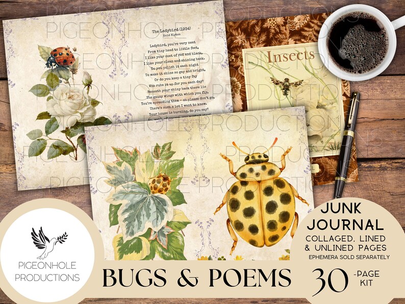 Bugs & Poems Junk Journal Pages Kit, PRINTABLE, 30 Collaged, Lined and ...