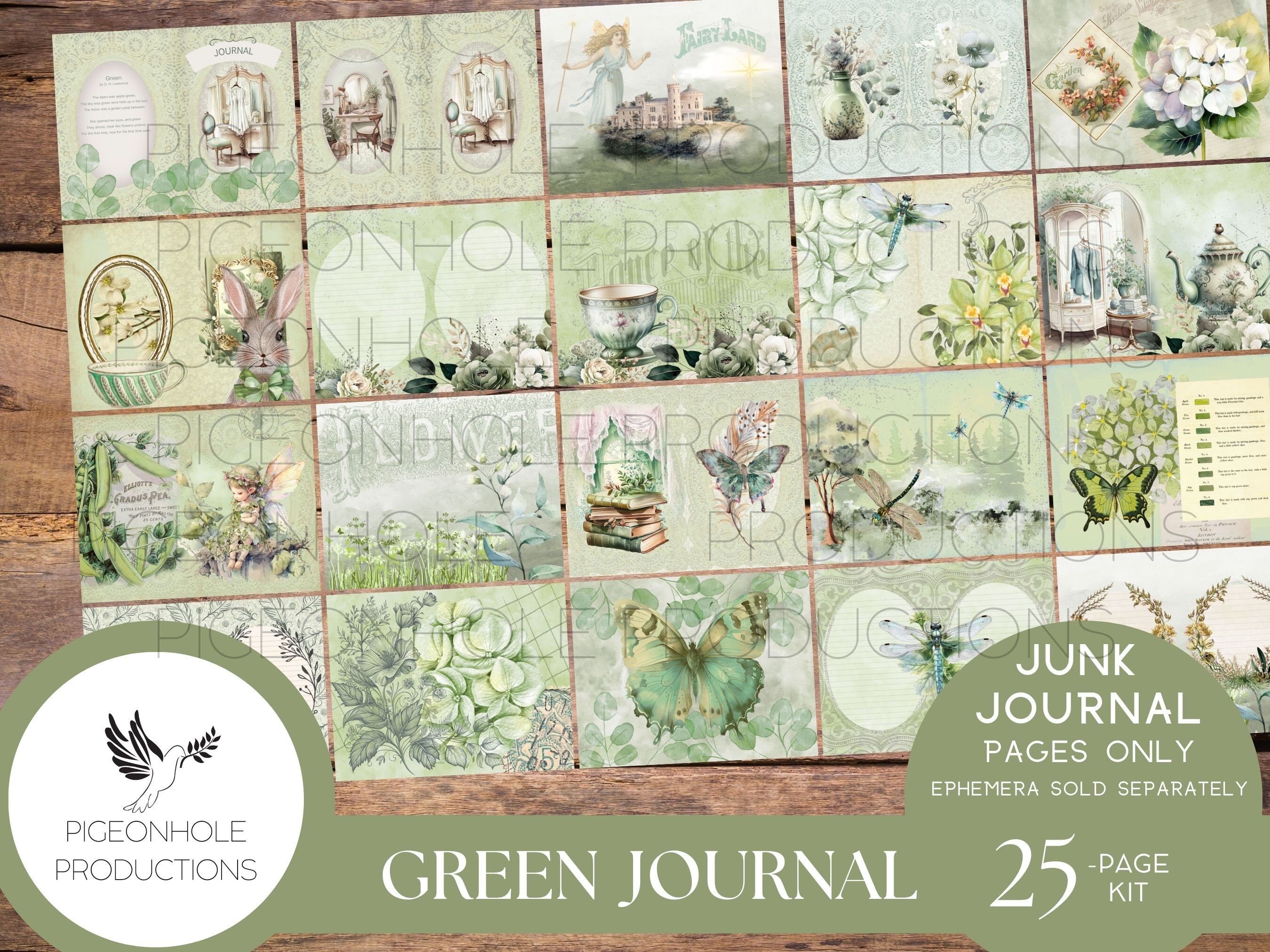 Green Junk Journal Pages, PRINTABLE, 25 Decorative, Background, Backing ...