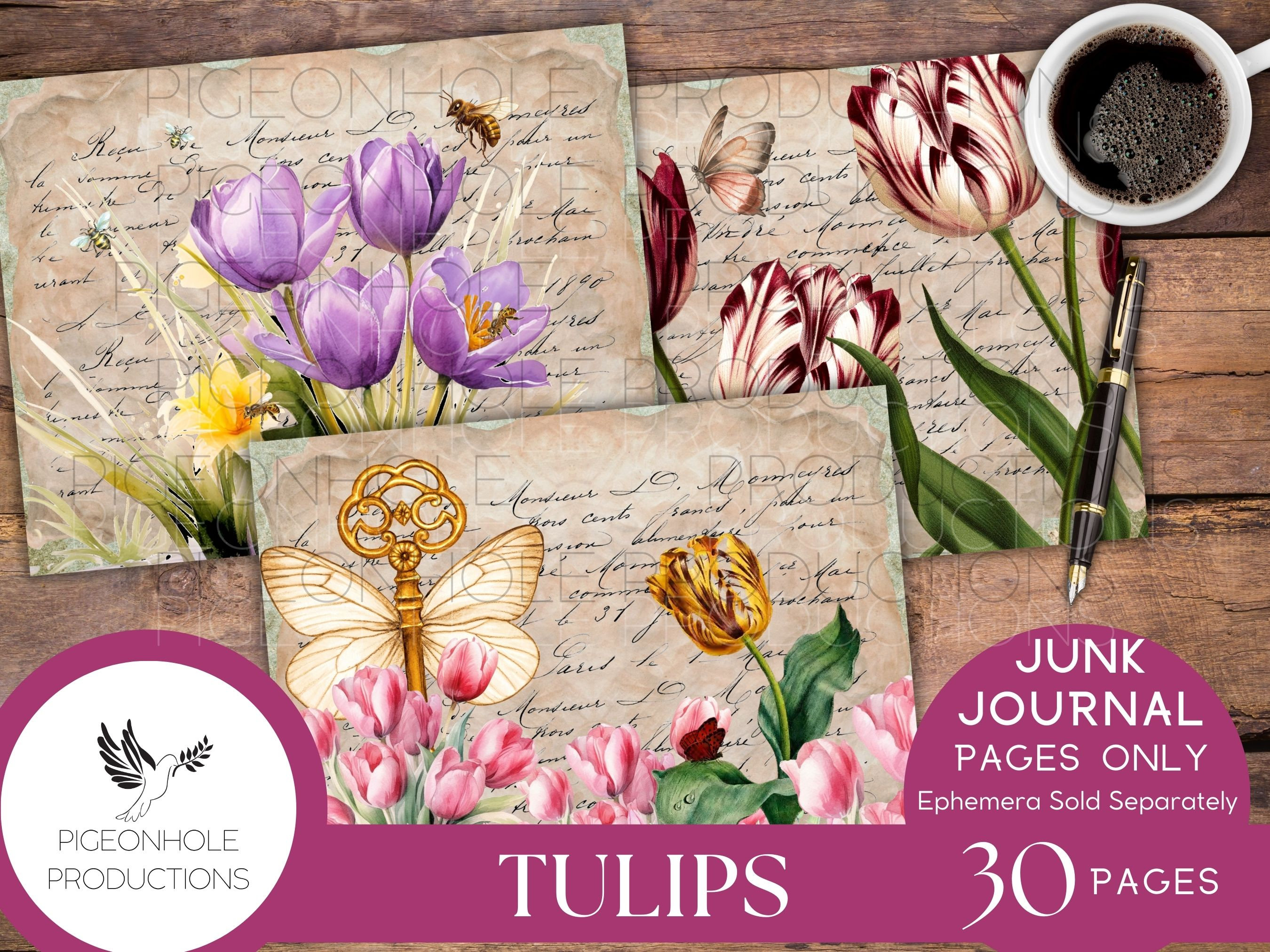 Tulips Junk Journal Pages Only Kit, PRINTABLE, 30 Collage, Lined ...
