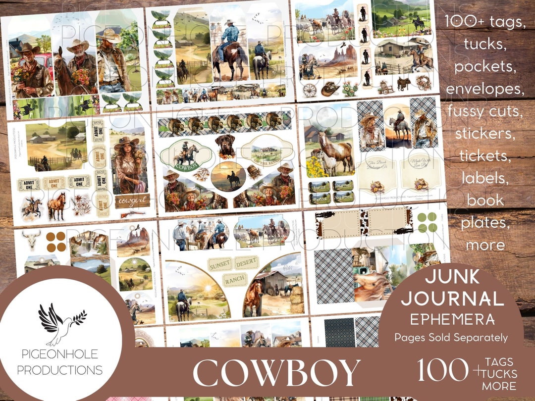 Cowboy Junk Journal EPHEMERA, PRINTABLE, 70+ Tags, Tucks, Pockets ...